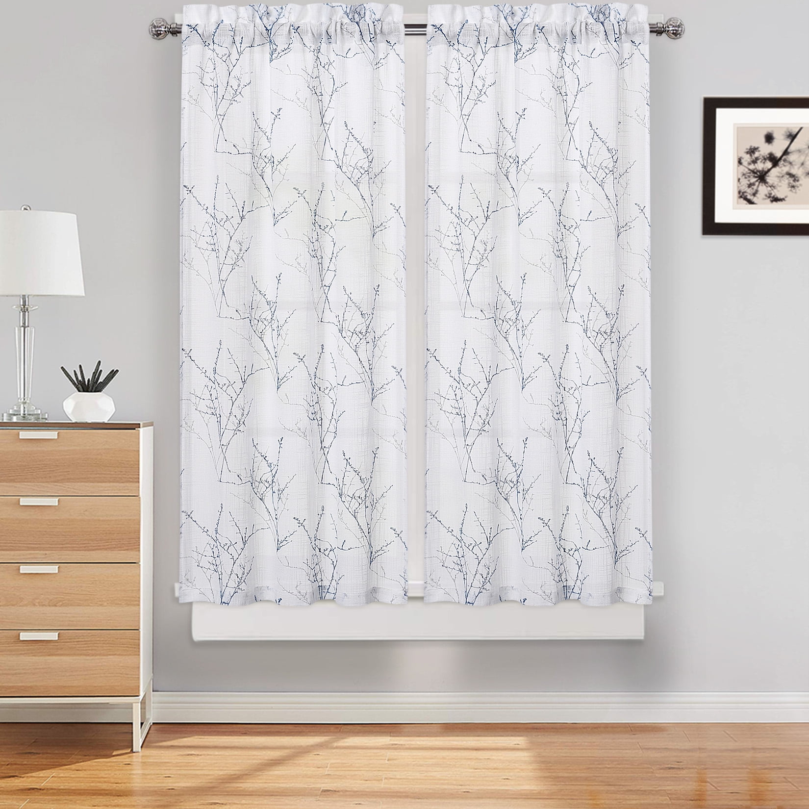 2 Pcs Semi-Sheer Tier Curtains, Tree Branches Pattern Printed Rod ...