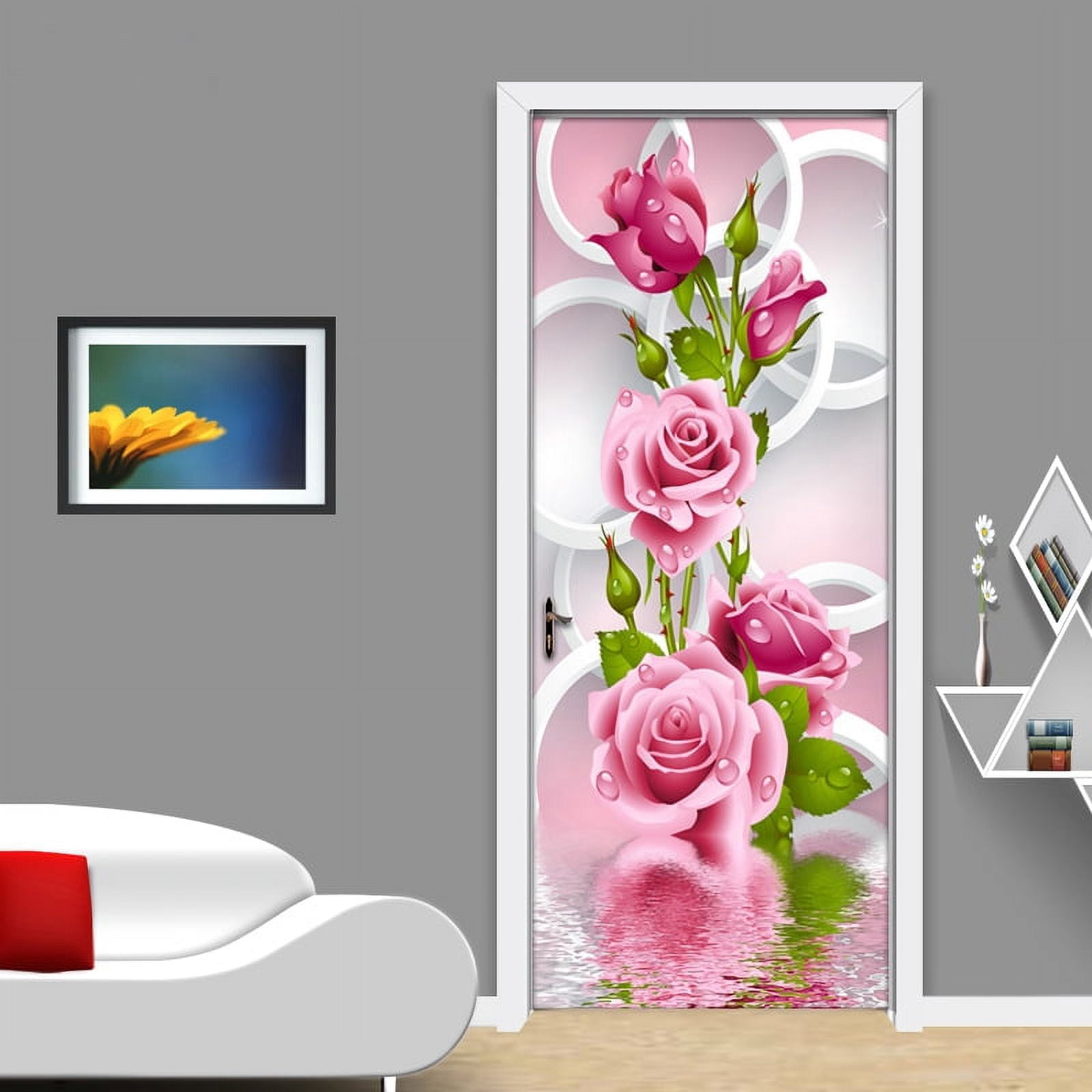 2 Pcs/Set 3D Rose Flower Creative Door Stickers DIY Wall Mural Bedroom ...