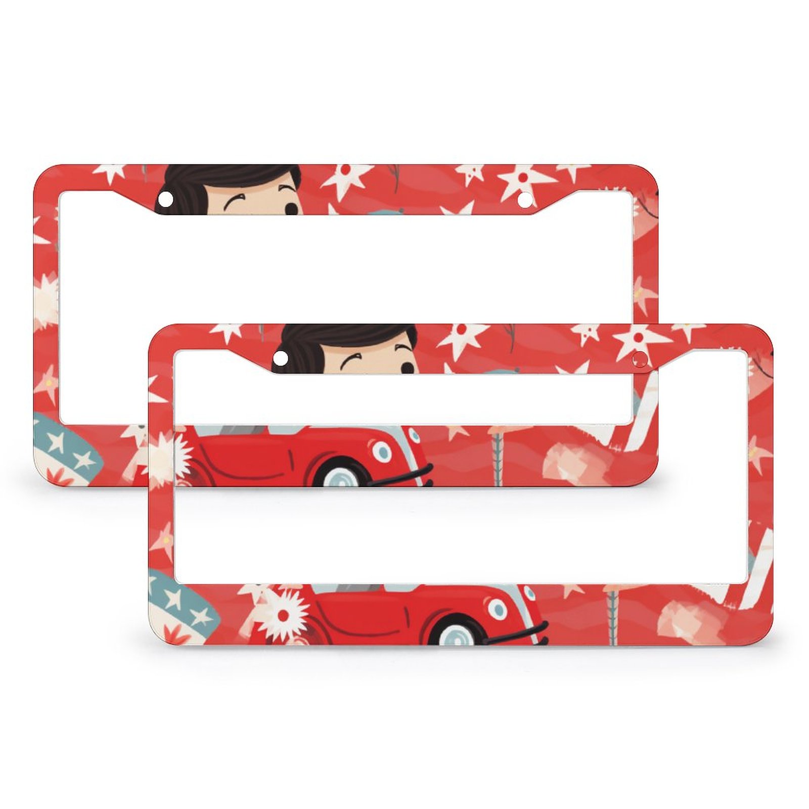2 Pcs Set Brunette Boy Kid Racing Red Car & Flags License Plate Cover ...