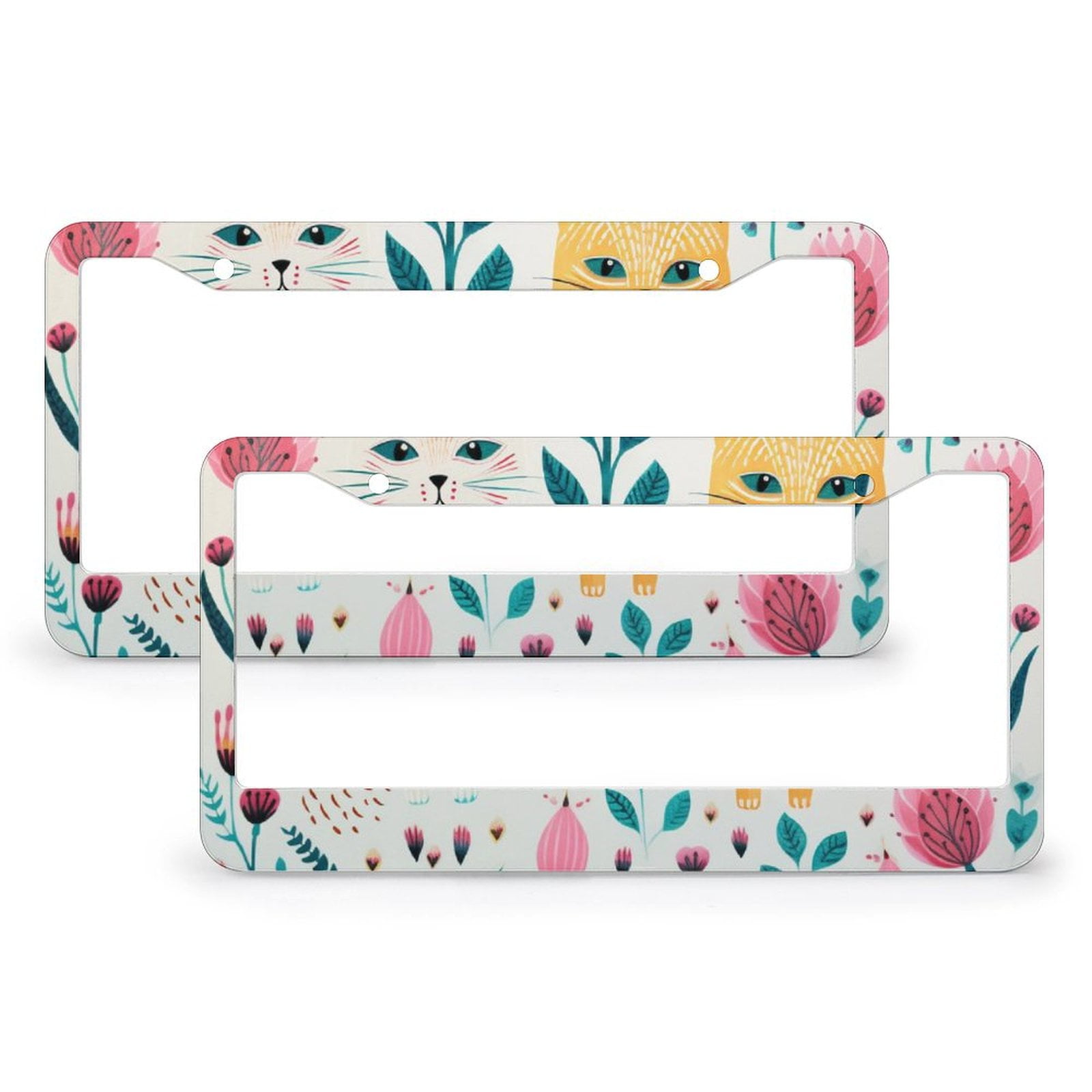 2 Pcs Set Cats With Flower Illustration License Plate Frames Funny Cat ...