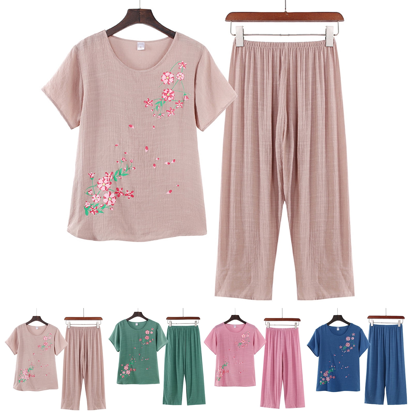 2 Pcs/Set Elderly Ladies Pajamas Loose Type Short Sleeve Flower Print ...