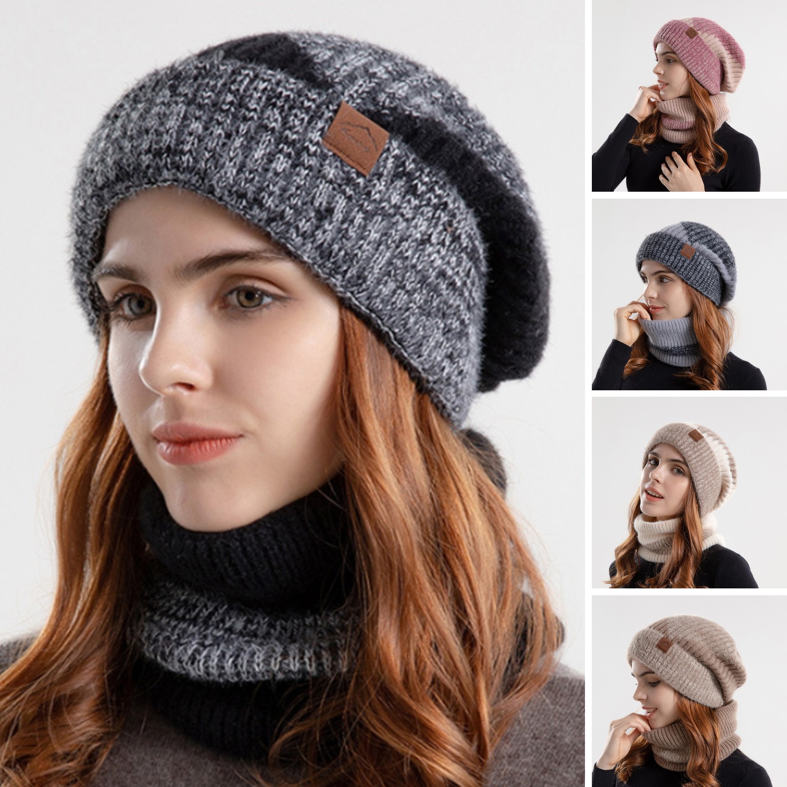 2 Pcs/Set Men Winter Hat Neck Warmer Thick Knit Stretchy Contrast Color ...