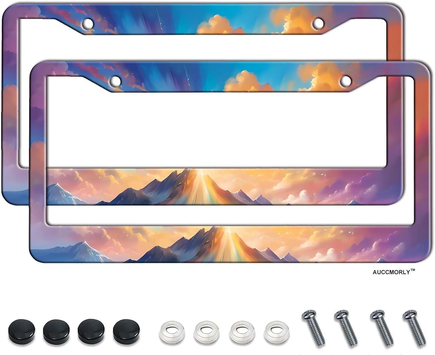 2 Pcs Set Sun Rays Mountains License Plate Frame Stainless Steel Frame ...