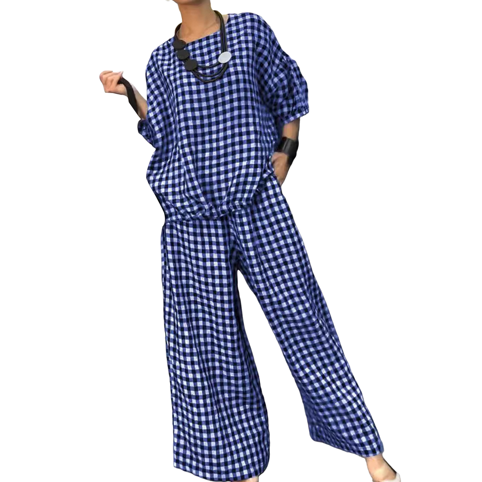 2 Pcs/Set Women Spring Top Pants Set Plaid Print Three-quarter Sleeves ...