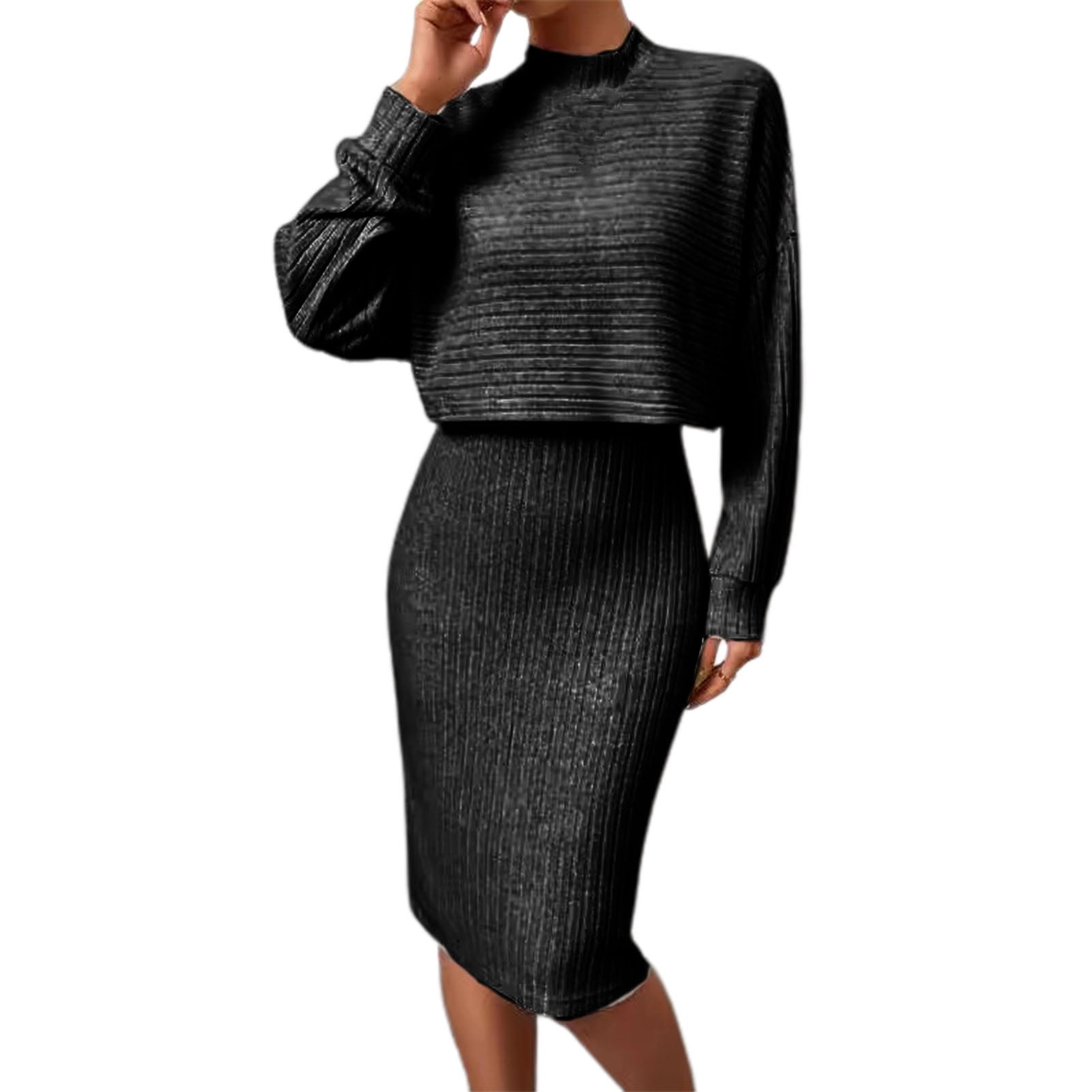 2 Pcs/Set Women Top Dress Suit Mock Collar Thread Long Sleeve Sweater V ...