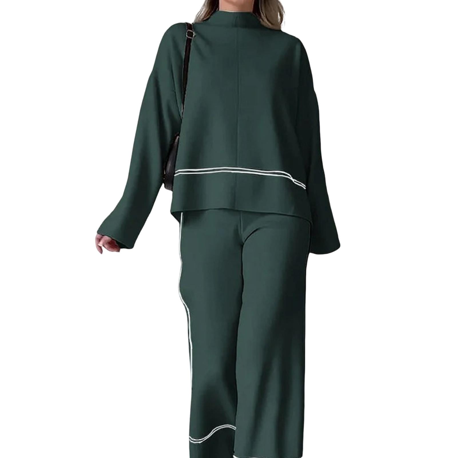 2 Pcs/Set Women Top Pants Set Round Neck Long Sleeve Solid Color Top ...