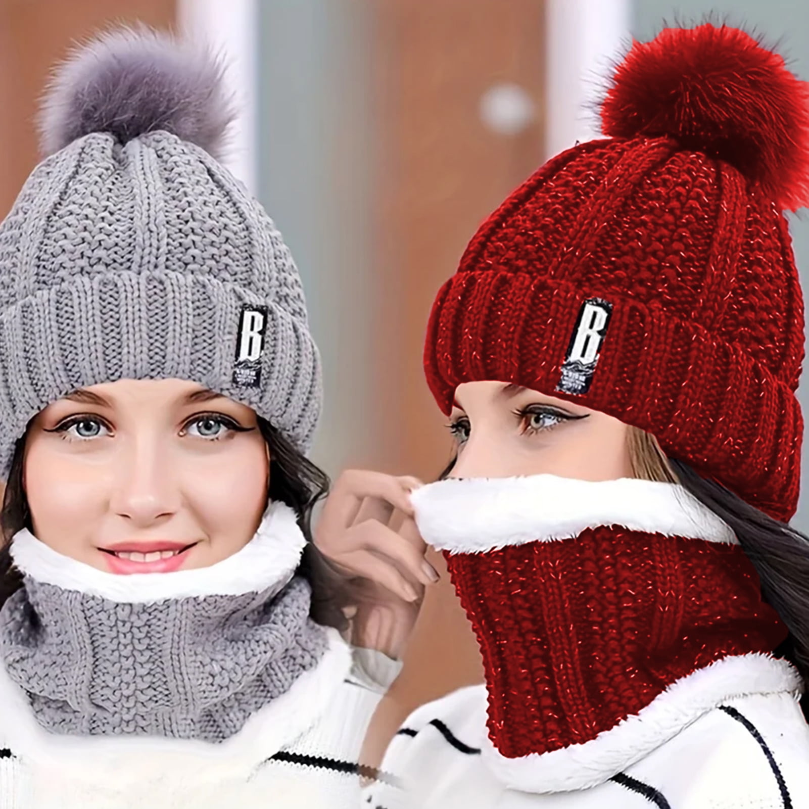 2 Pcs/Set Women Winter Scarf Hat Set Thick Knitted Warm Anti-slip ...