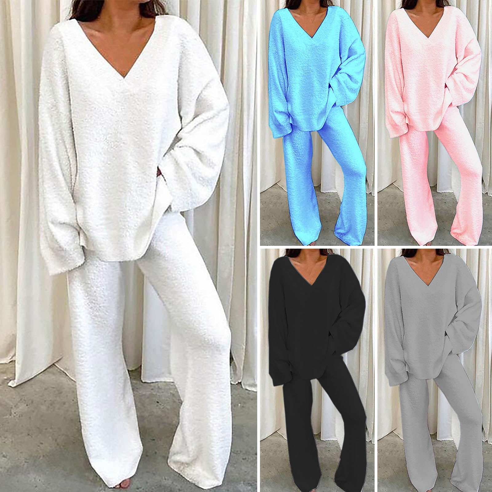 2 Pcs/Set Women's Fuzzy Lounge Casual Pajamas Sets Long Sleeve Fleece ...