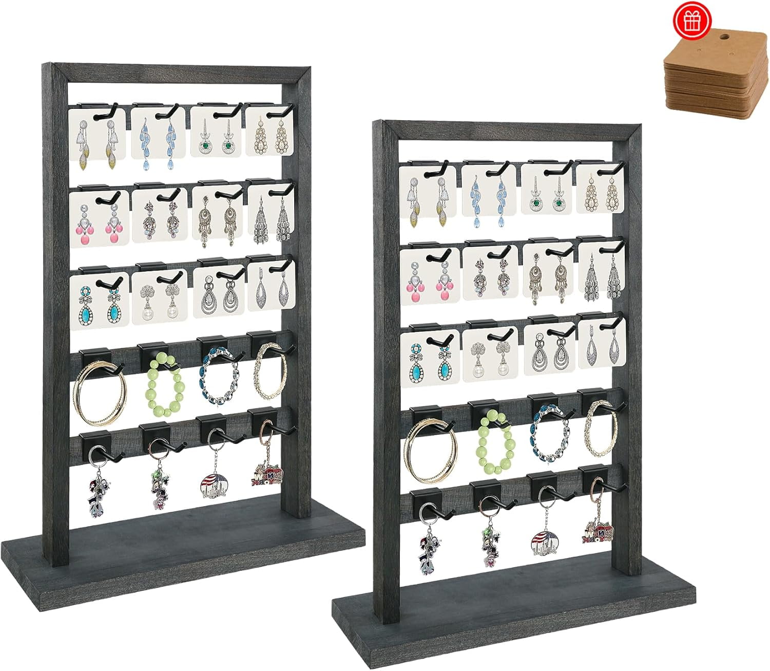 2 Pcs Set Wooden Jewelry Display Rack with 40 Removable Hooks | 40 ...