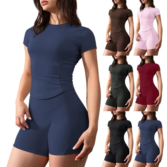 2 Pcs Short Sleeve Workout Tops And Shorts for Women, Cropped Workout ...