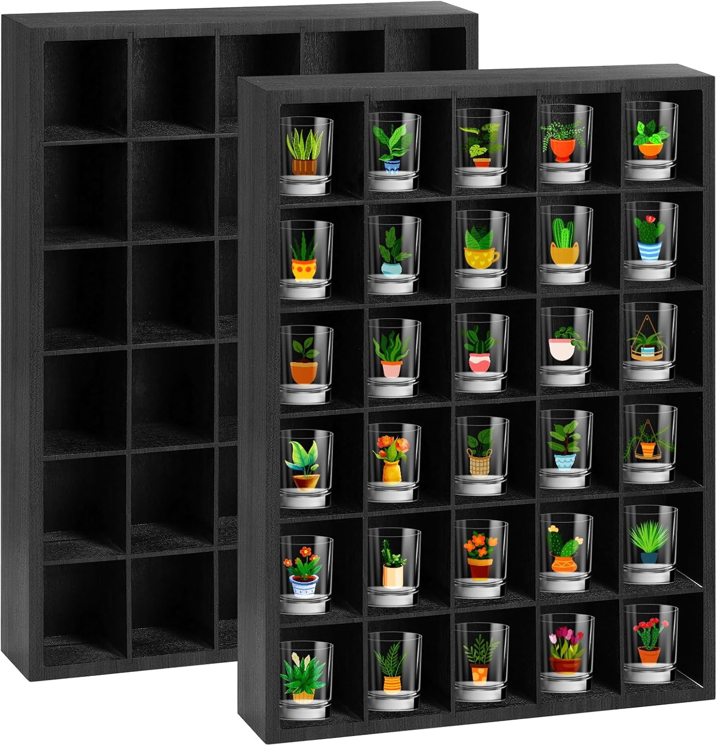 Shot Glass Display Case 2 Pcs, Black Wooden Wall Mounted Shelf with 30 ...
