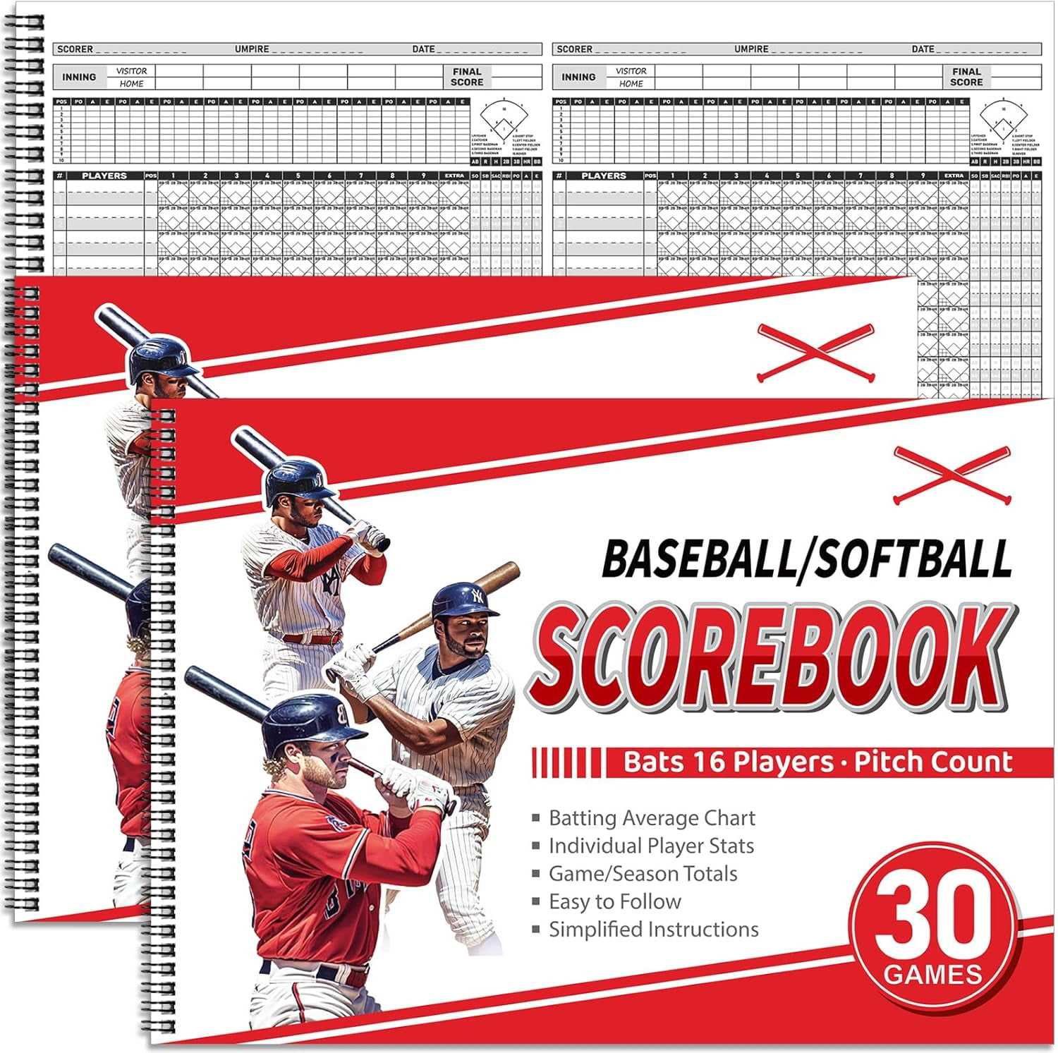 2 Pcs Side by Baseball Scorebook 11.5x16 30 Game Softball Score Keeping ...