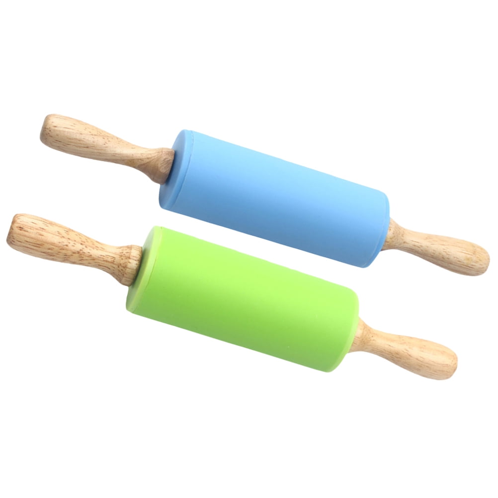 2 Pcs Silicone Rolling Pin Wooden Kids Pretend Toy Handle Rollers ...