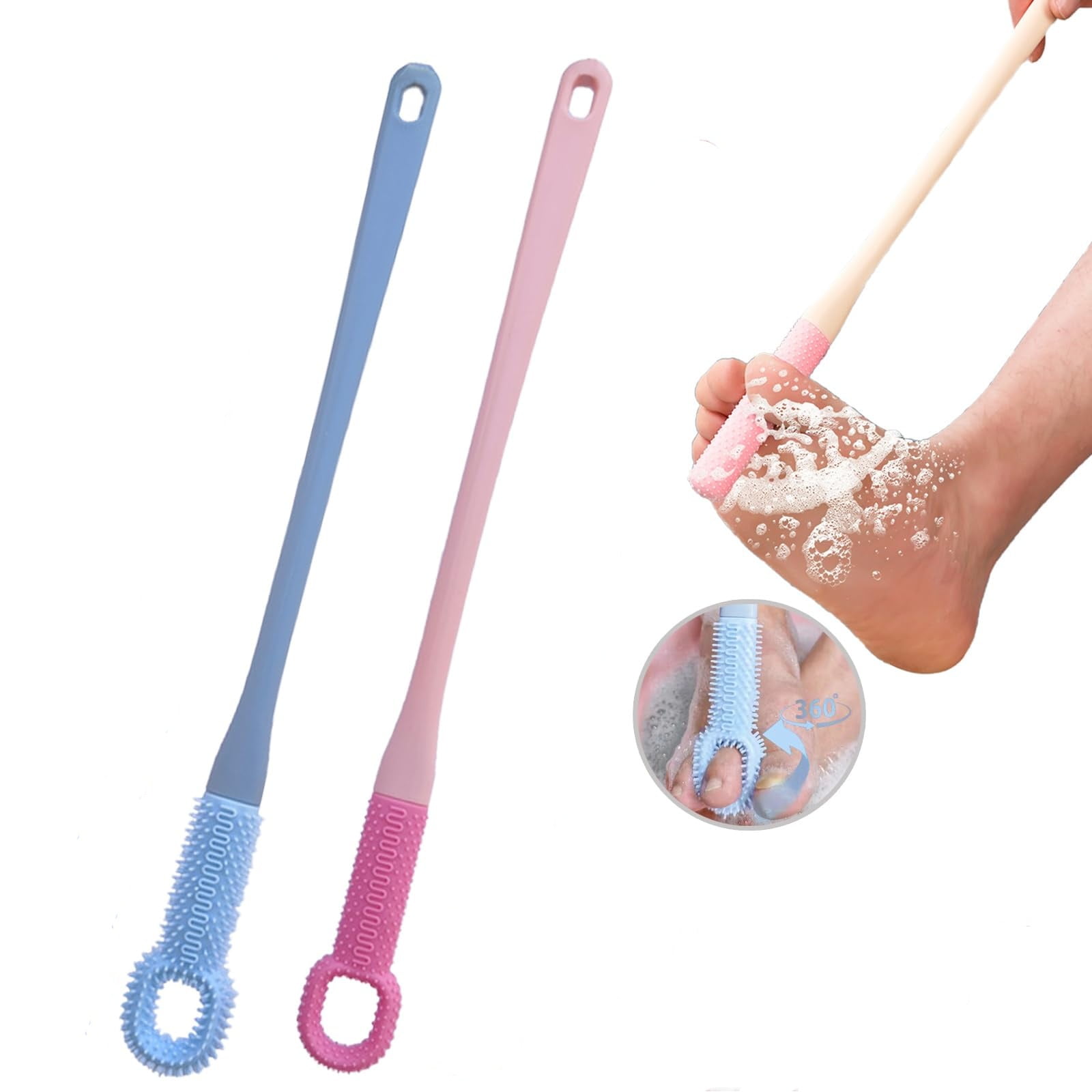 2 Pcs Silicone Toe Cleaning Brush 15.7" Foot Scrubber with Long Handle ...