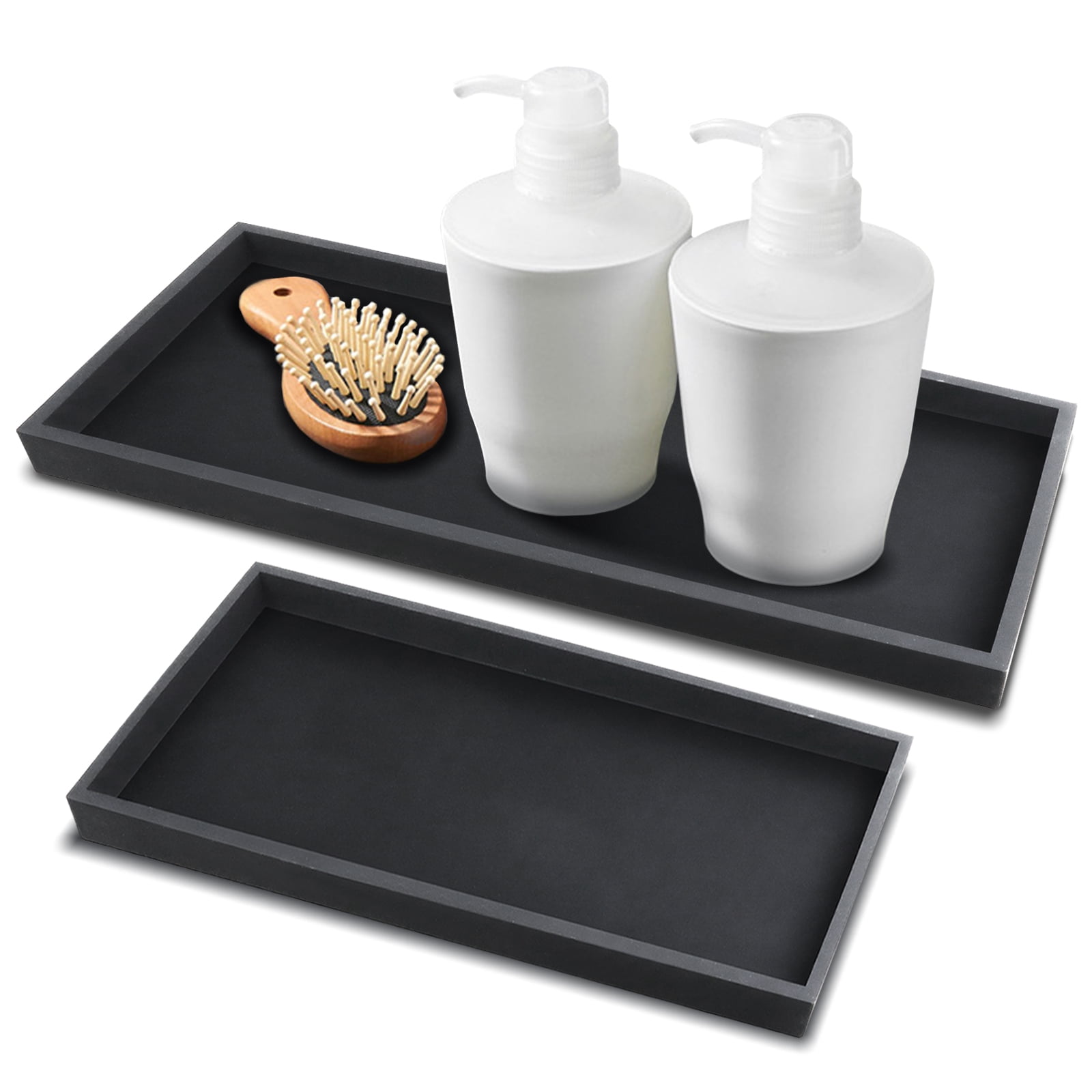 2 Pcs Silicone Vanity Trays for Bathroom Black, 11.8" and 7.8" Marble ...