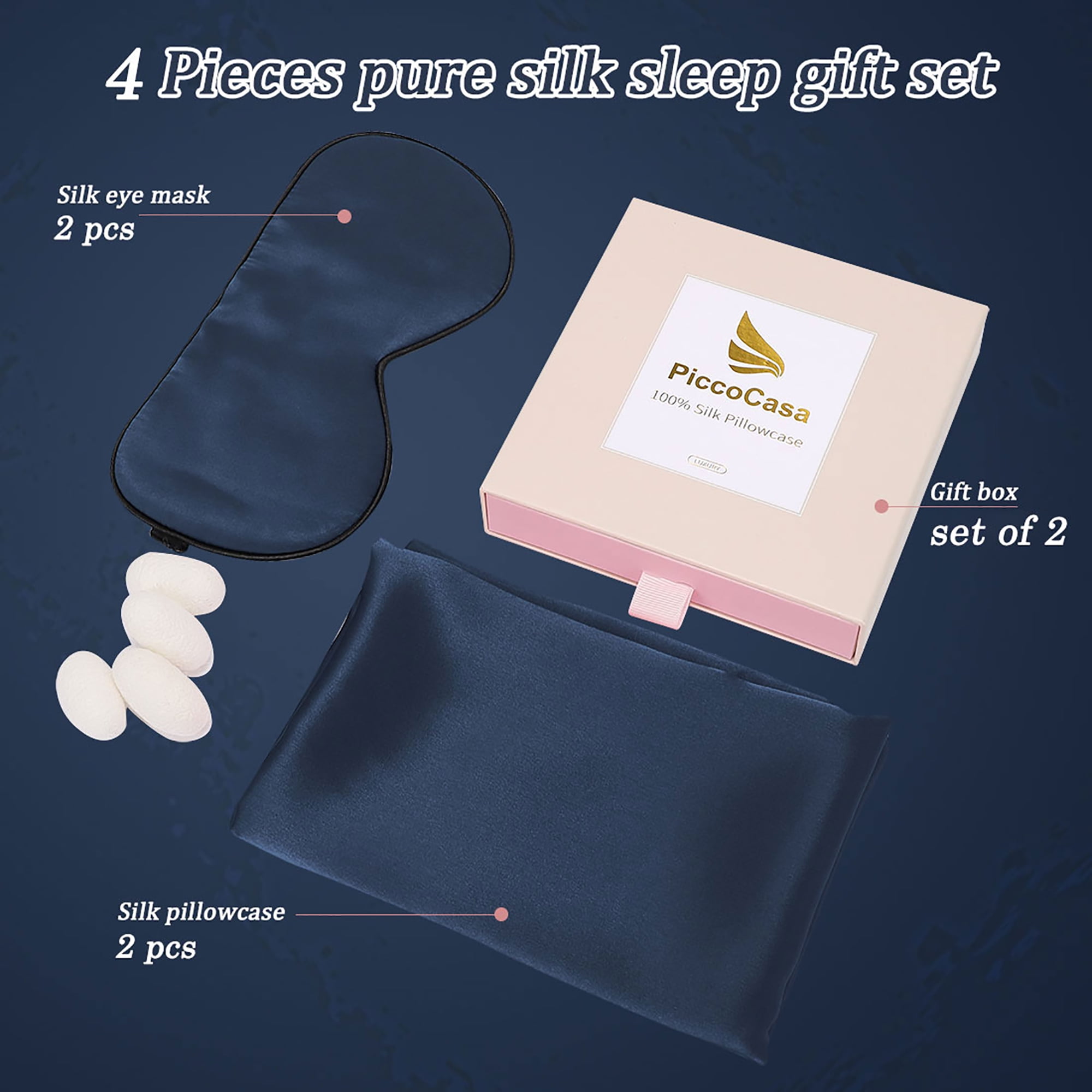 PiccoCasa 2 Pcs Silk Pillowcase Both Sides Silk + 2 Pcs Eye Mask for ...