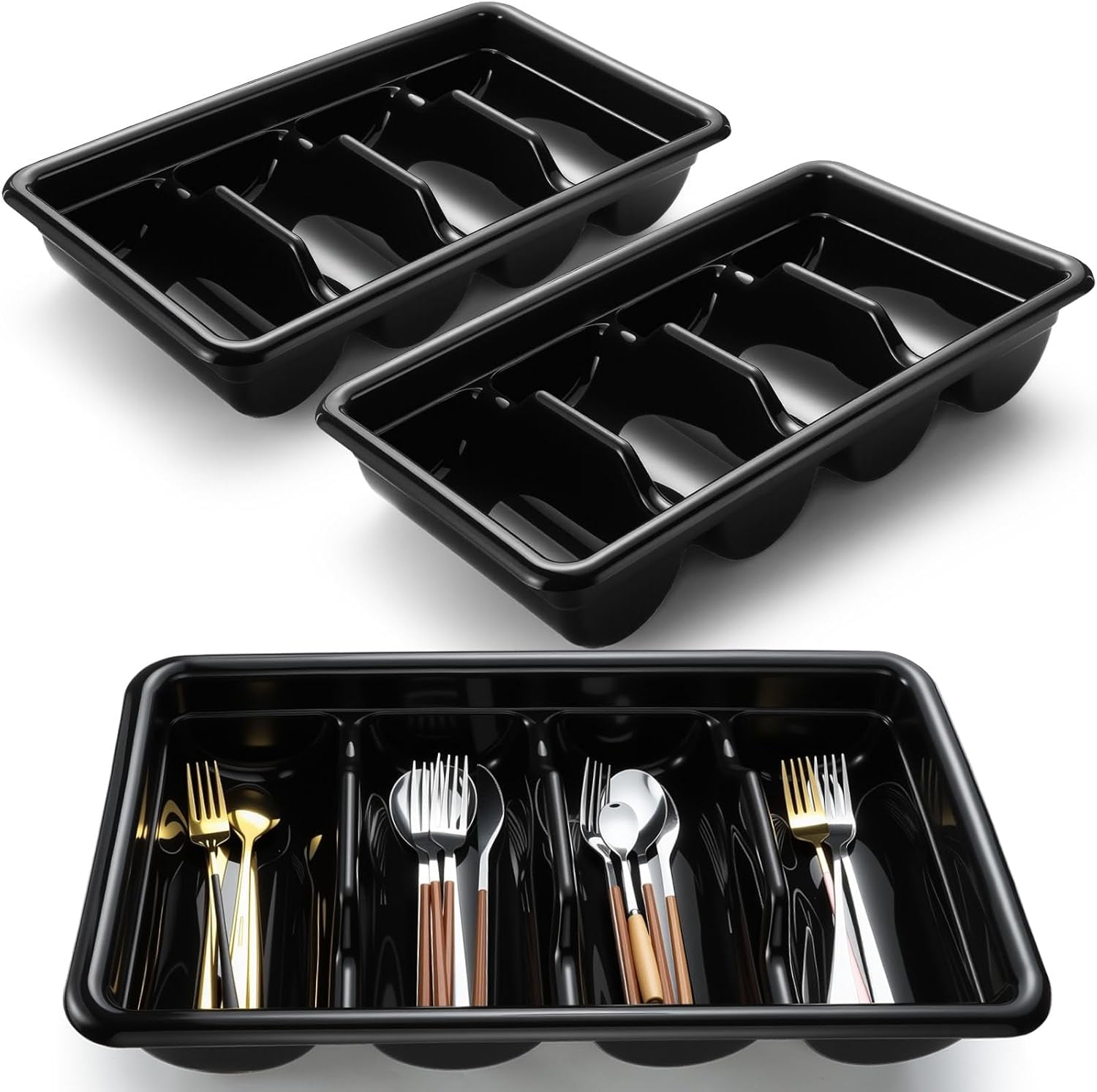 2 Pcs Silverware Organizer 4 Compartment Black Plastic Utensil ...