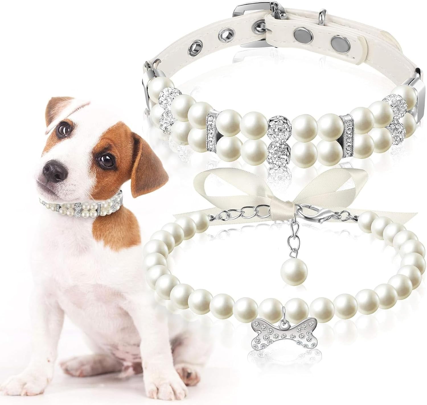 2 Pcs Small Dog Cat Pearl Collars and Pearl Necklace Set Cute Pet PU ...