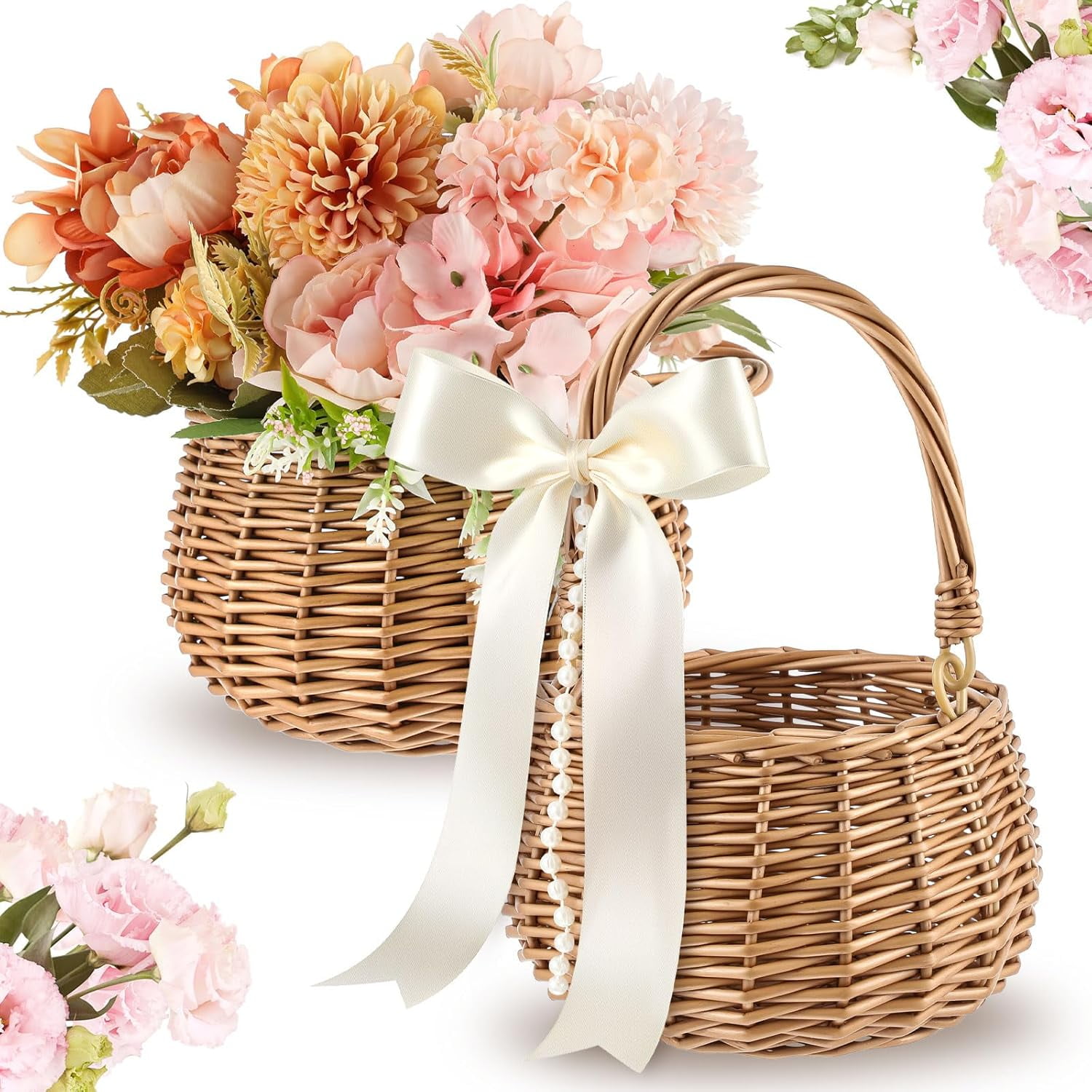 2 Pcs Small Flower Girl Basket with Handle, Fabric Liner, Wicker Rattan ...