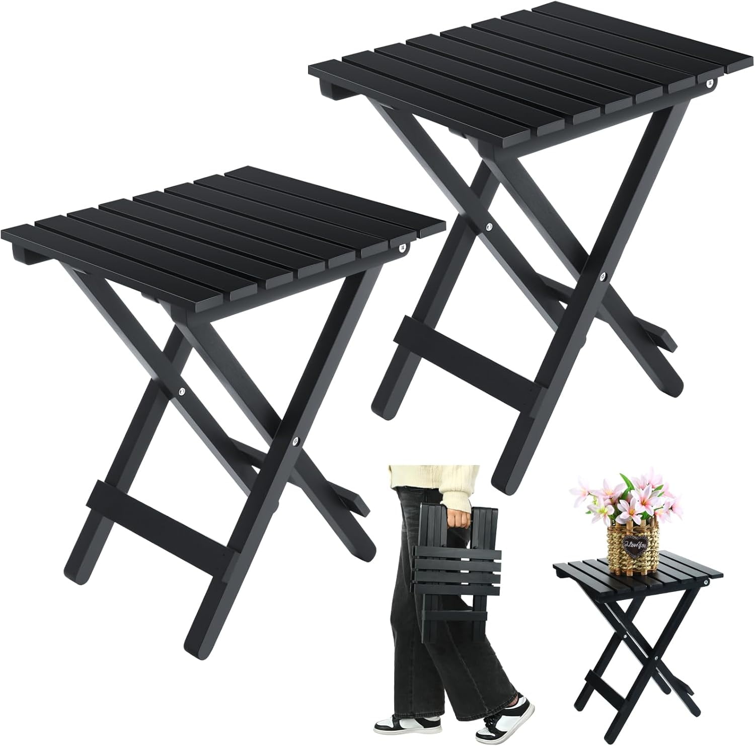 2 Pcs Small Folding Patio Side Table Outdoor Wood Wooden Small End ...