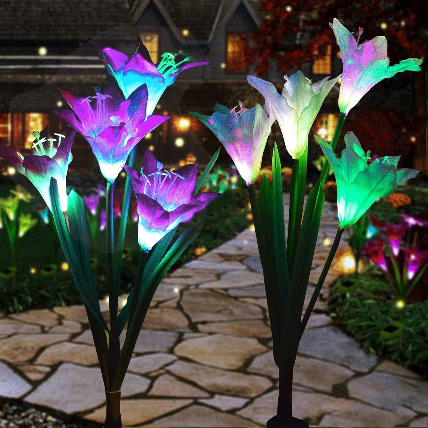 2 Pcs Solar Garden Lights New Upgraded, Multi-Color Changing Lily Solar ...
