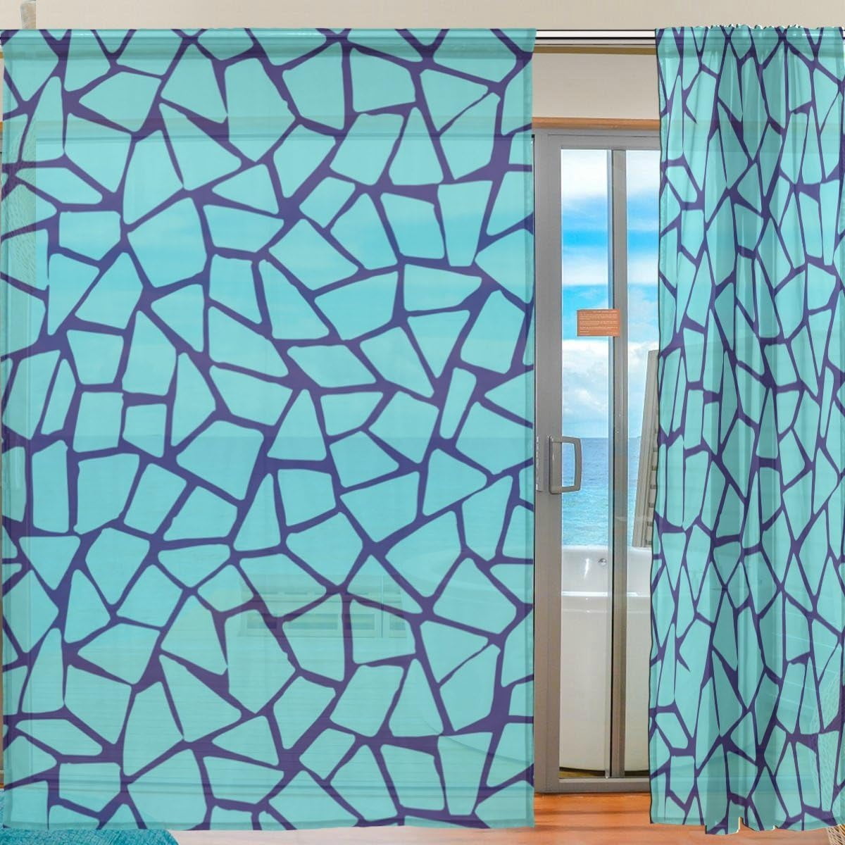 2 Pcs Splicing Pattern Seamless Cracked Pattern Semi Sheer Curtains, 84 ...