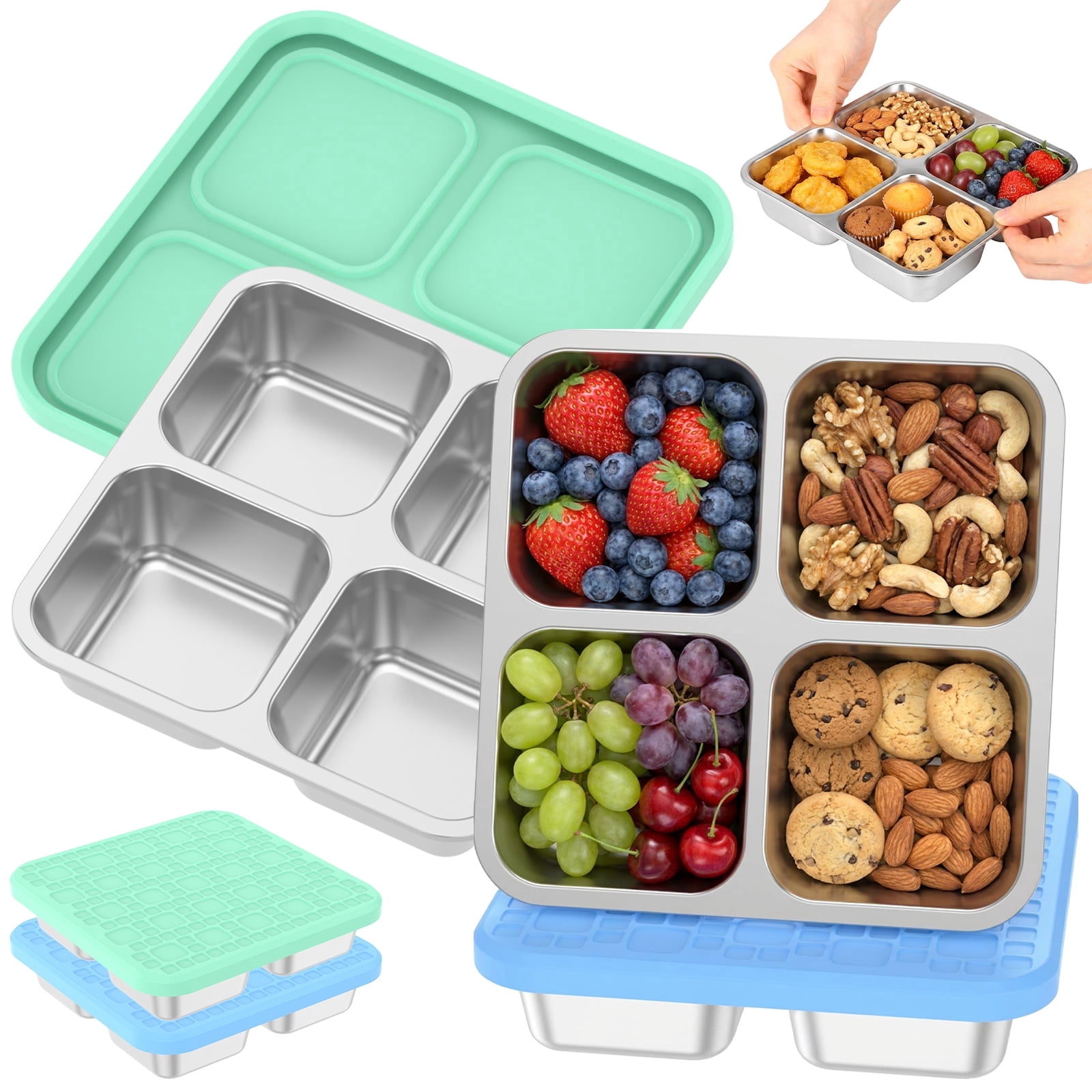 2 Pcs Stainless Steel Snack Box 4 Compartment Reusable Divided Meal ...
