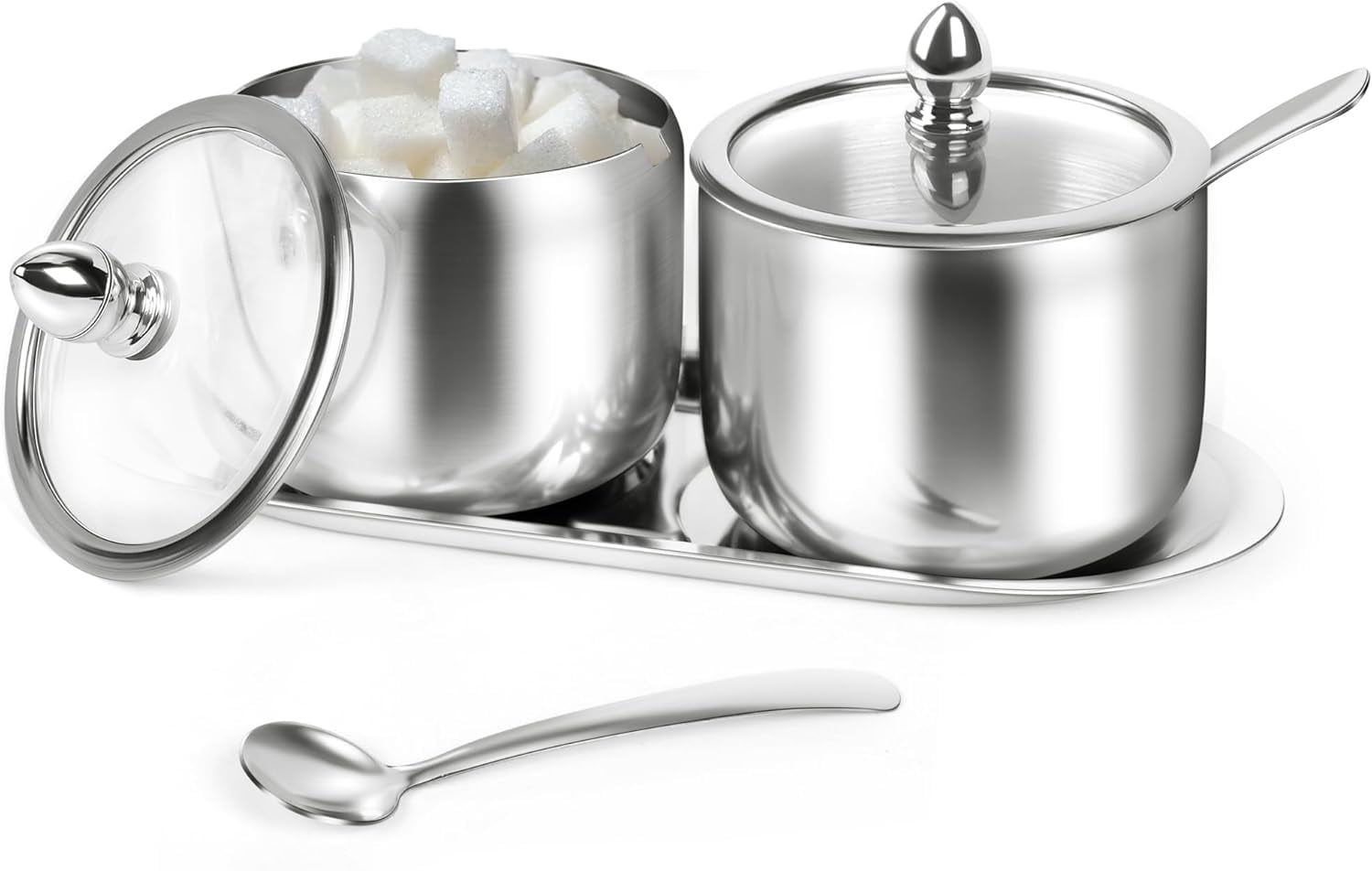 2 Pcs Stainless Steel Sugar Bowl with Tray - Sugar Container with Glass ...