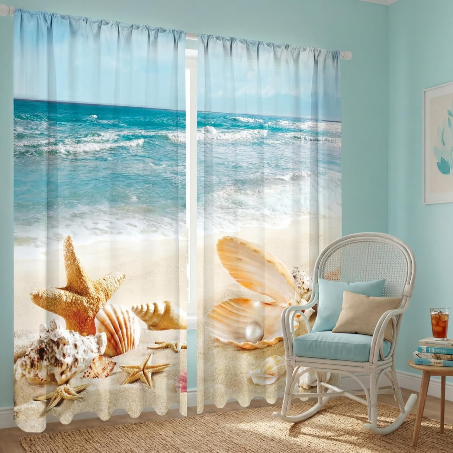 2 Pcs Summer Curtains for Living Room Ocean Beach Shell Starfish ...