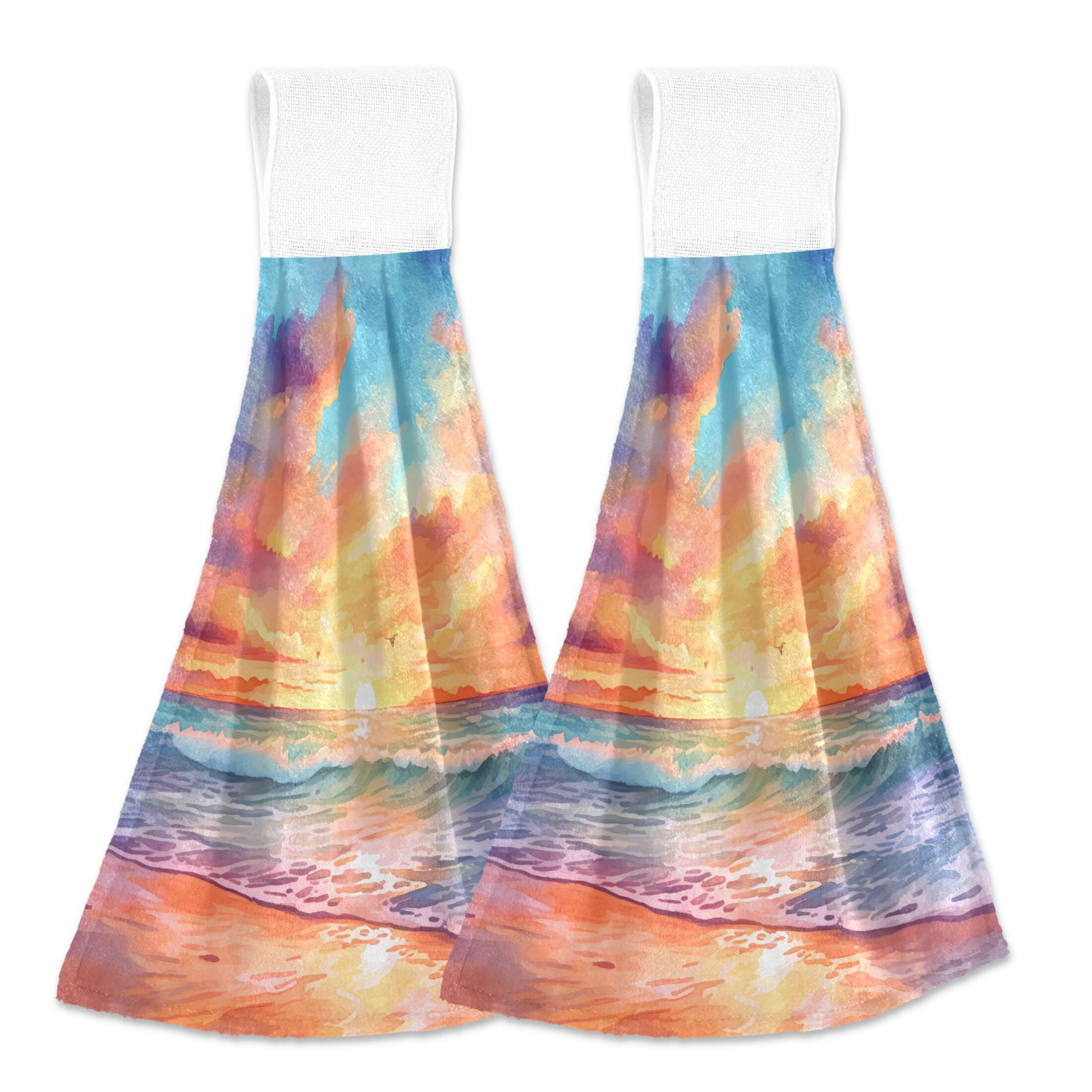 2 Pcs Sunset Beach Wave Kitchen Hand Towels with Hanging Loops ...