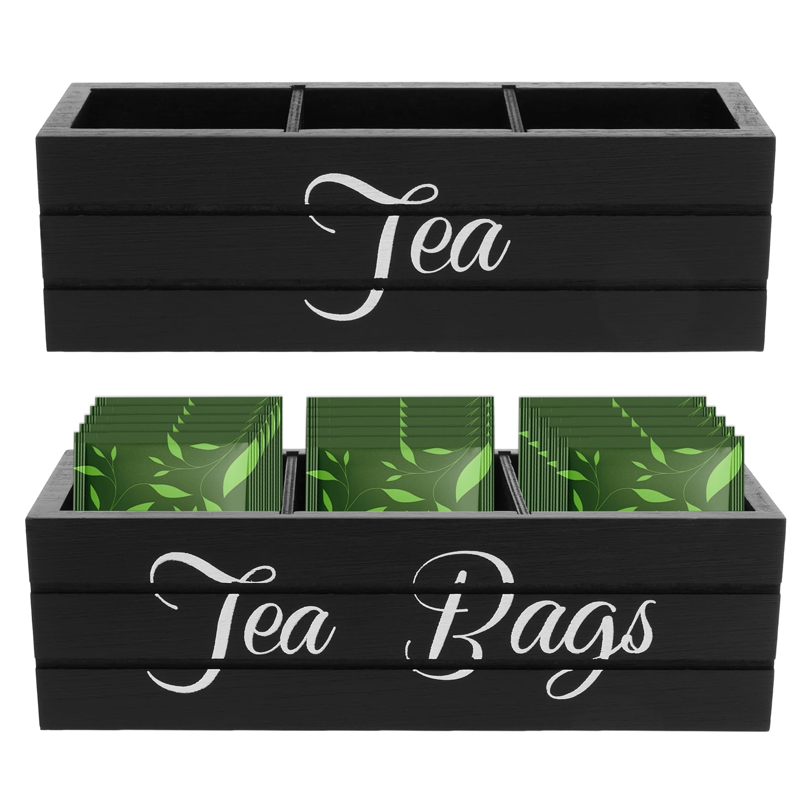 2 Pcs Tea Bag Box Wood Tea Bag Organizer with 3 Compartment Decorative ...