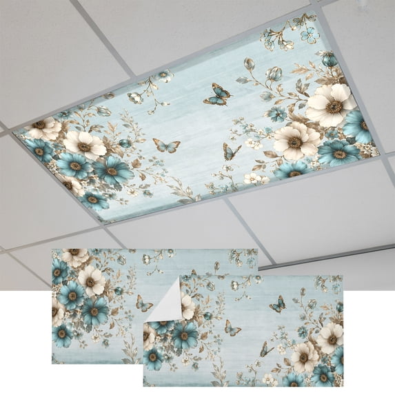 2 Pcs Teal Blooms Fluorescent Light Covers Artistic Teal Beige Floral ...
