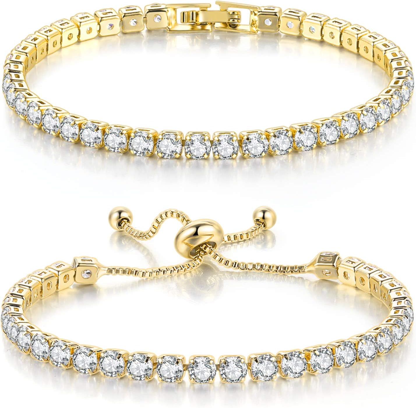 2 Pcs Tennis Bracelets For Women 14K Gold Plated Aaa+ Cubic Zirconia Cz Diamond Classic ...