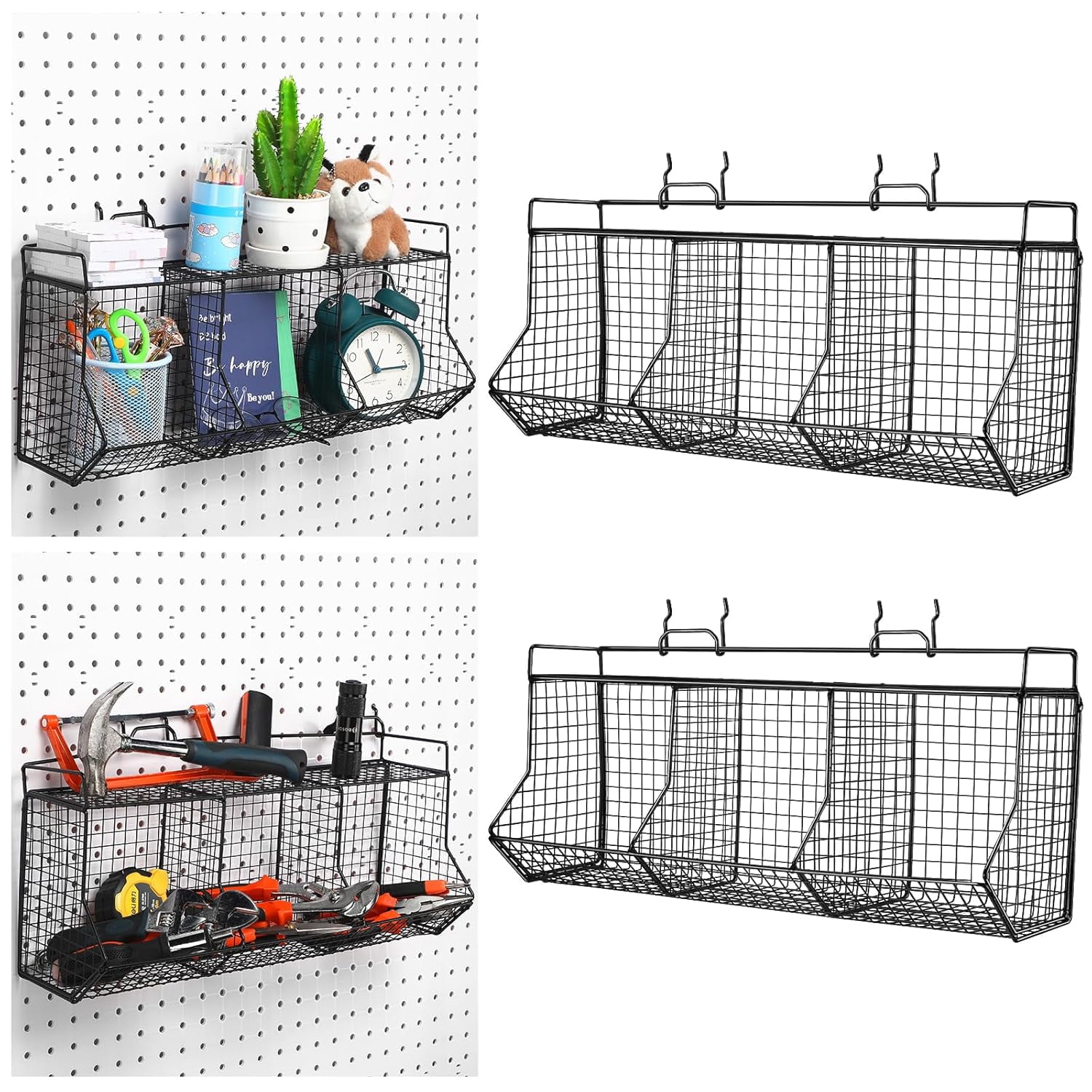 2 Pcs Tiered Pegboard Baskets Bins Set with 4 Pegboard Hooks Black ...