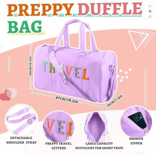 2 Pcs Travel Preppy Duffle Bag and Chenille Letter Makeup Pouch ...