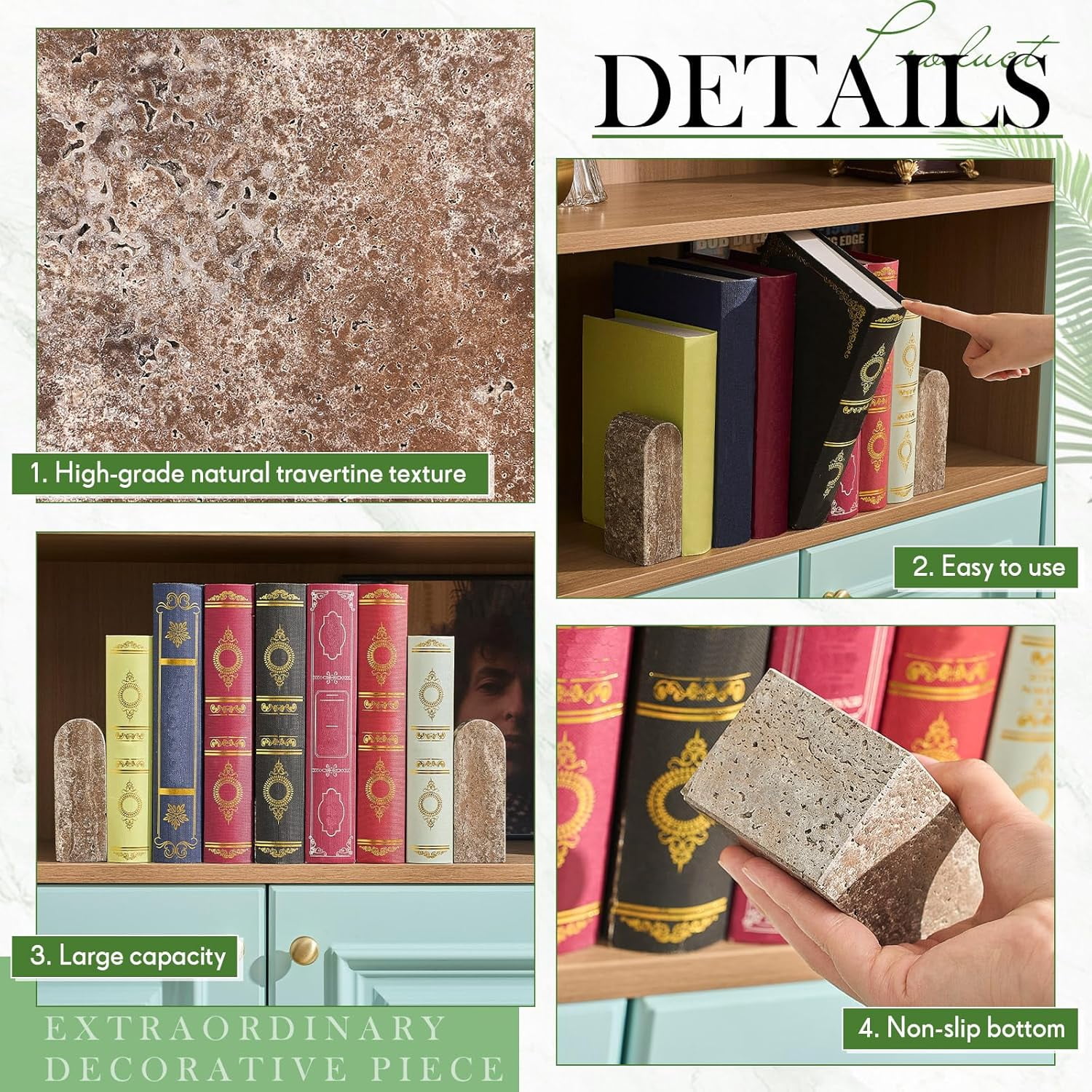 2 Pcs Travertine Natural Marble Bookends for Shelves, Decorative Book ...