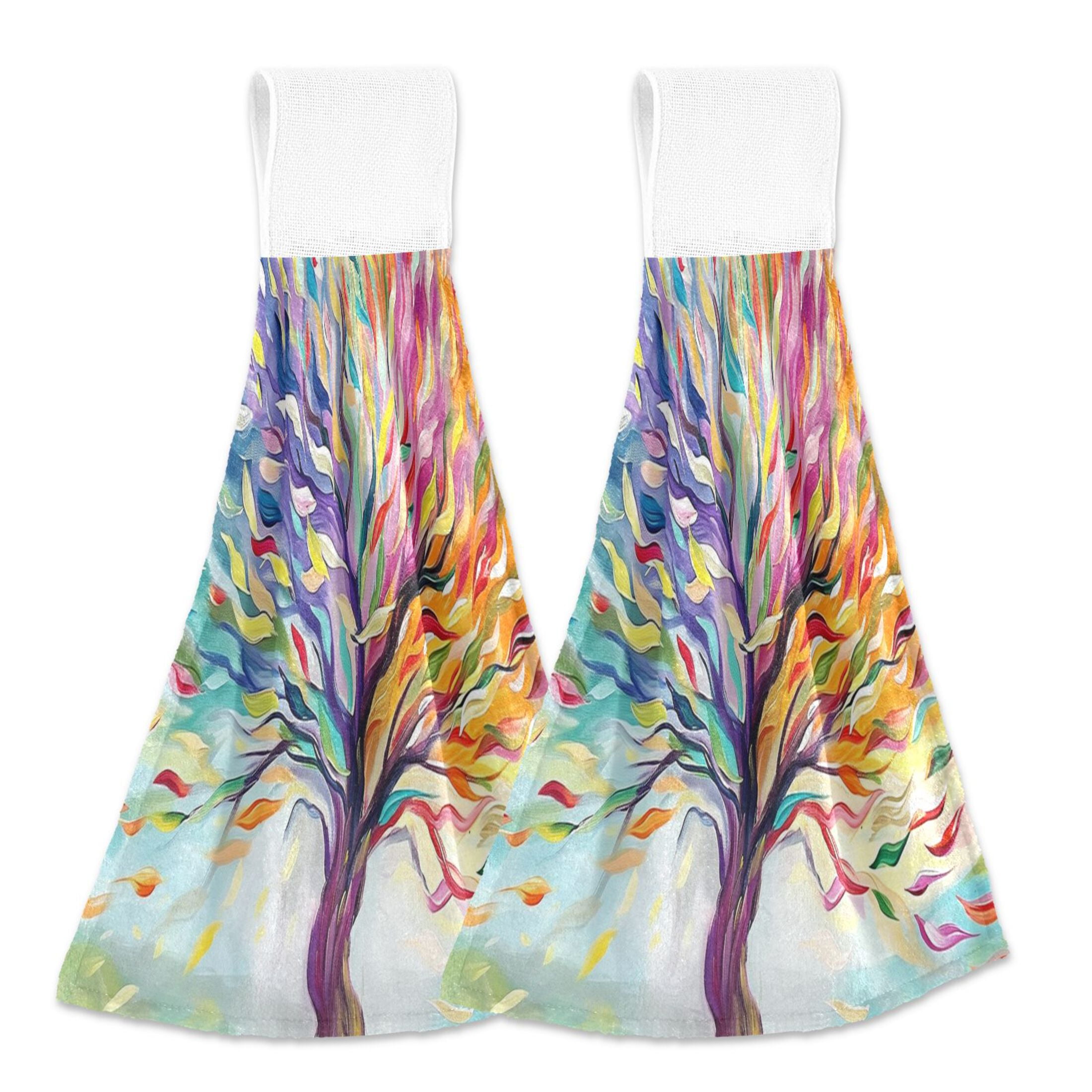2 Pcs Tree with Colorful Leaves Kitchen Hand Towels with Hanging Loops ...
