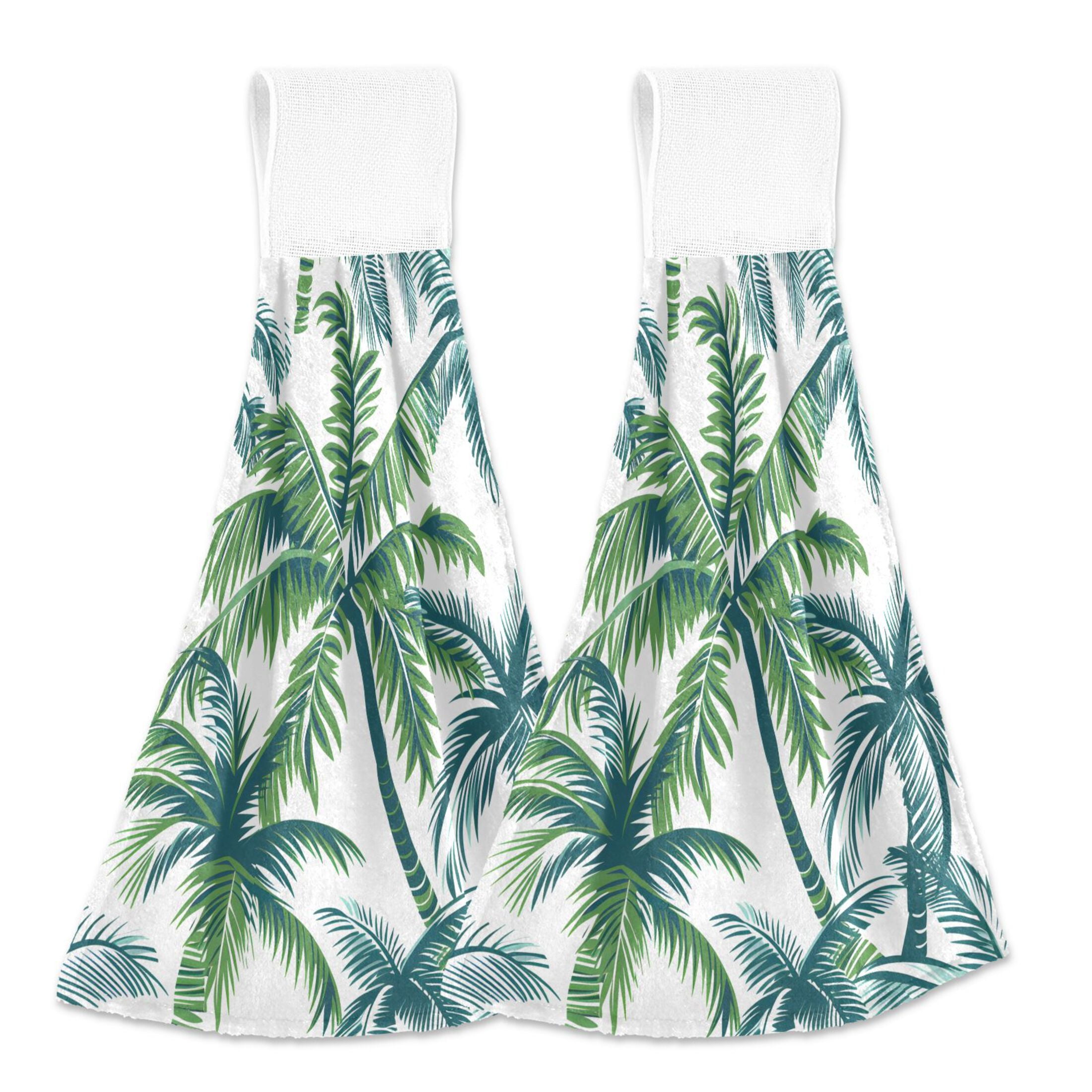 2 Pcs Tropical Palm Tree and Leaves Kitchen Hand Towels with Hanging ...