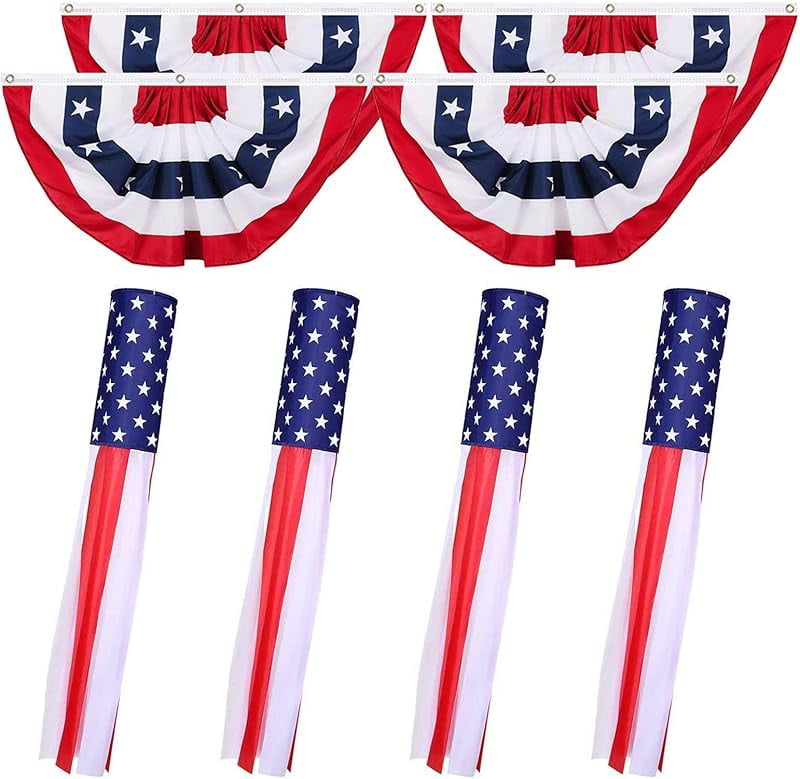 2 Pcs USA Pleated Fan Flag and 2PC US Flag Windsock- Independence Day ...
