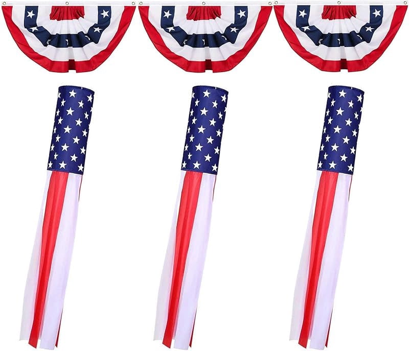 2 Pcs USA Pleated Fan Flag and 2PC US Flag Windsock- Independence Day ...