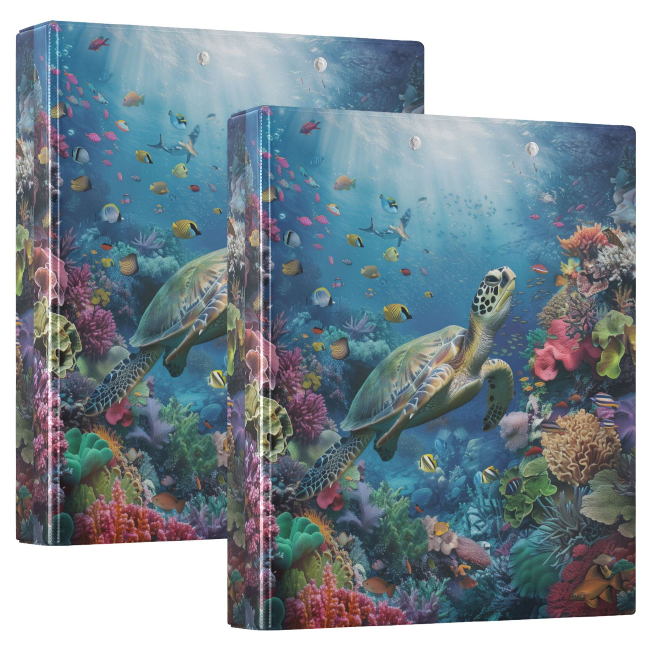 2 Pcs Undersea Turtle and Fish Hardcover 3 Ring Binder 1.5” Round Rings ...
