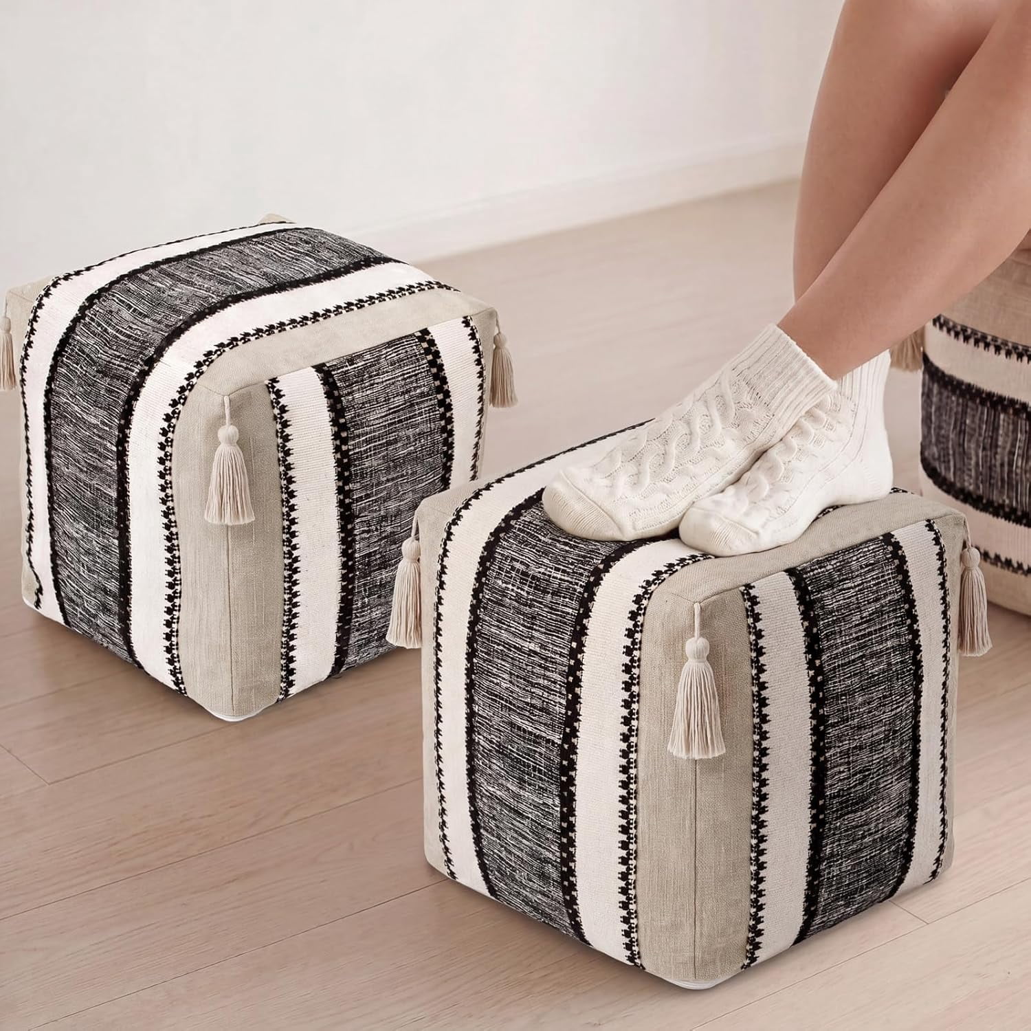2 Pcs Unstuffed Boho Ottoman Pouf Cover 16"x16"x16" Textured Storage ...
