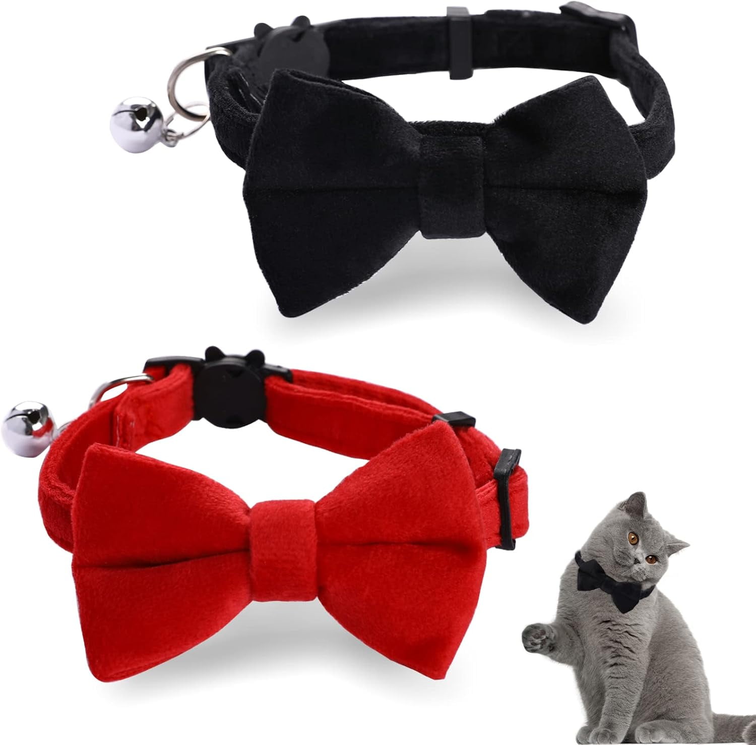 2 Pcs Velvet Cat Collar with Bell and Bowtie, Adjustable Breakaway Cat ...