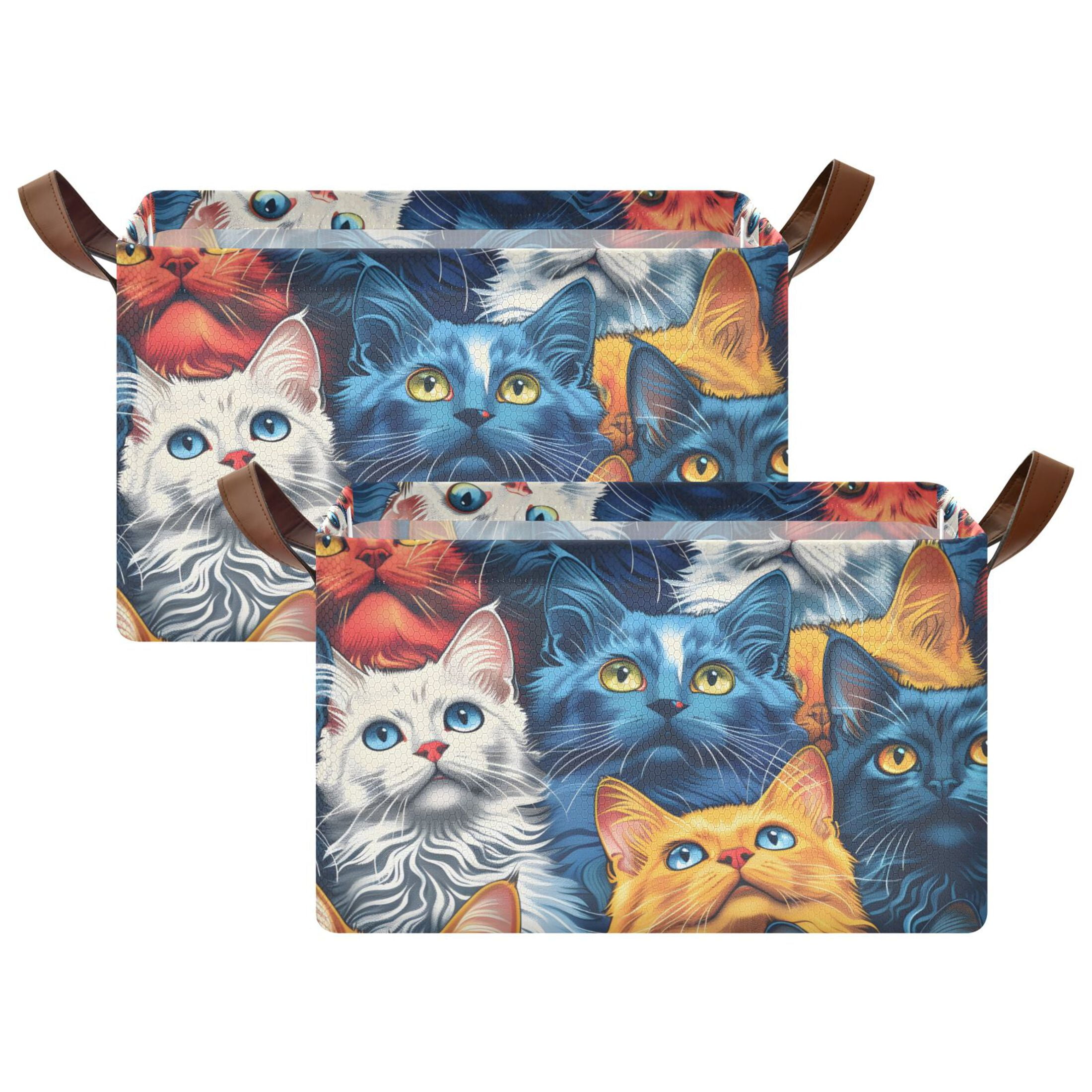 2 Pcs Vibrant Color Cute Cats Collapsible Storage Bins Fabric Shelf ...