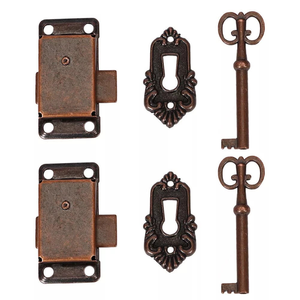 2 Pcs Vintage Cabinet Door Lock Set Key Decorative Cover Curio Antique ...