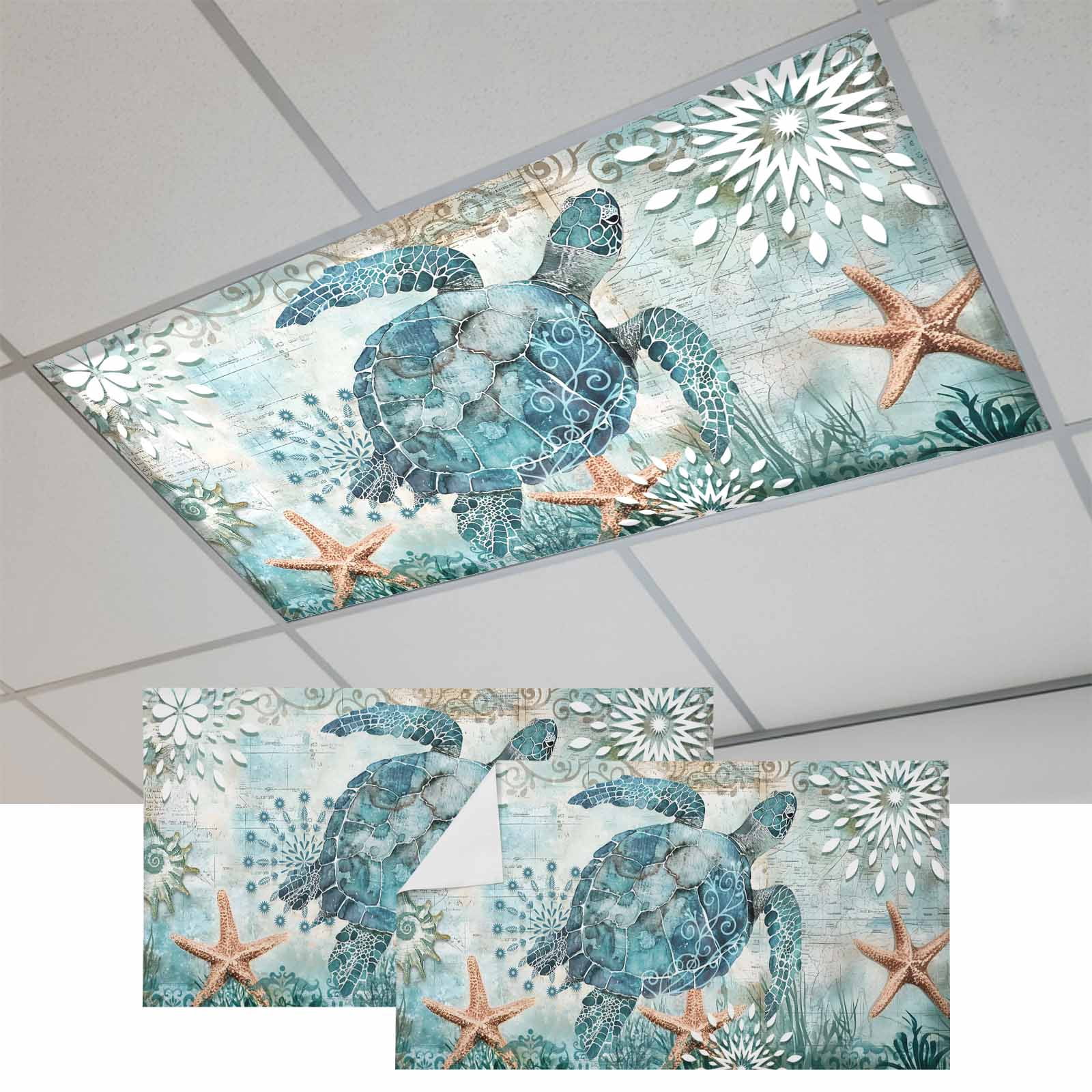 2 Pcs Vintage Sea Turtle Fluorescent Light Covers Nautical Turquoise ...