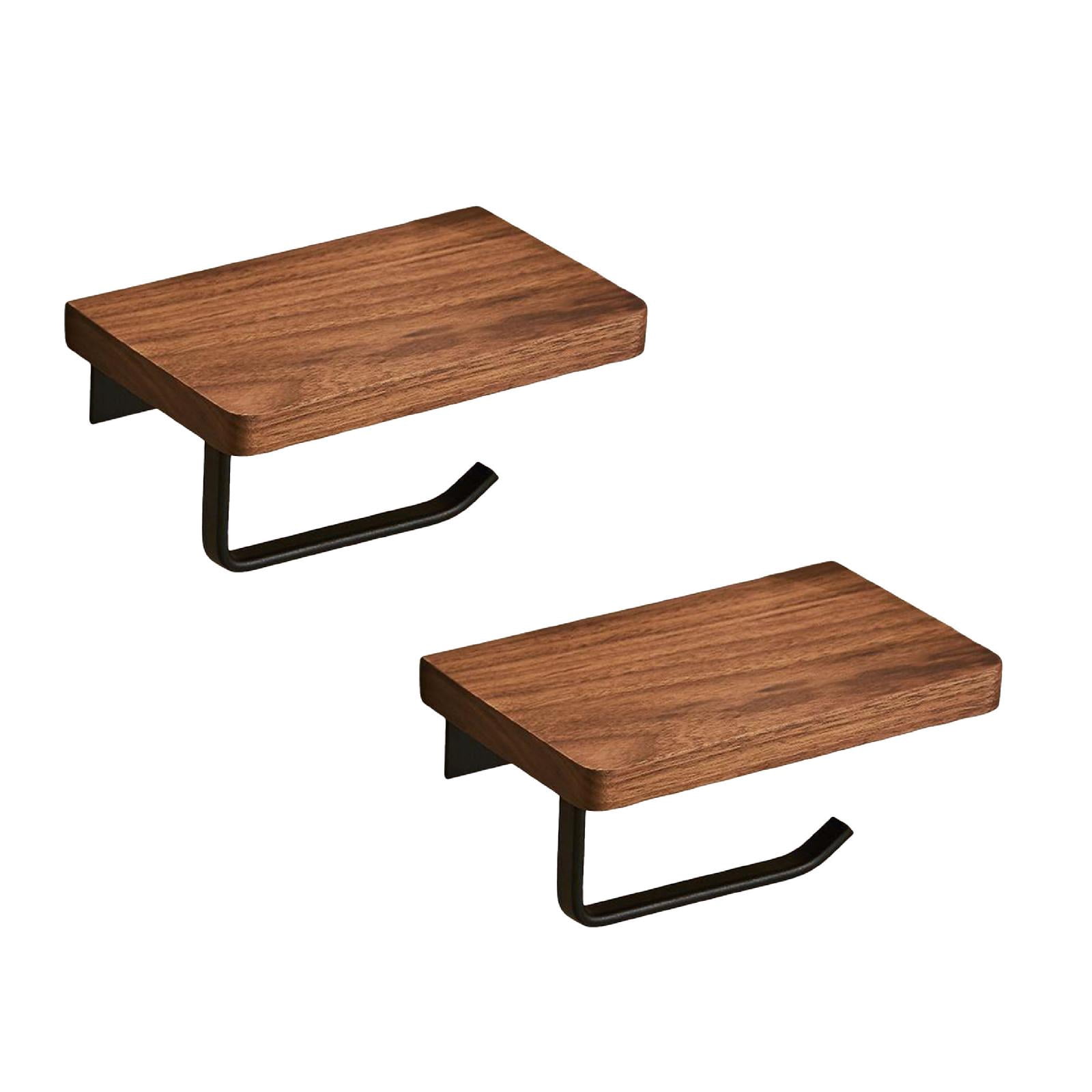 2 Pcs Walnut Wood Toilet Paper Holder with Shelf, Wall Mount Bathroom ...