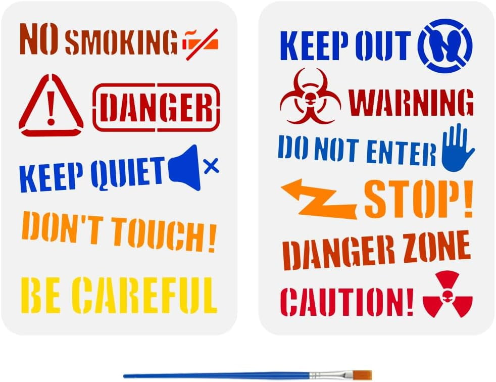 2 Pcs Warning Words Drawing Stencil with A Paint Brush 11.7x8.3 inch ...