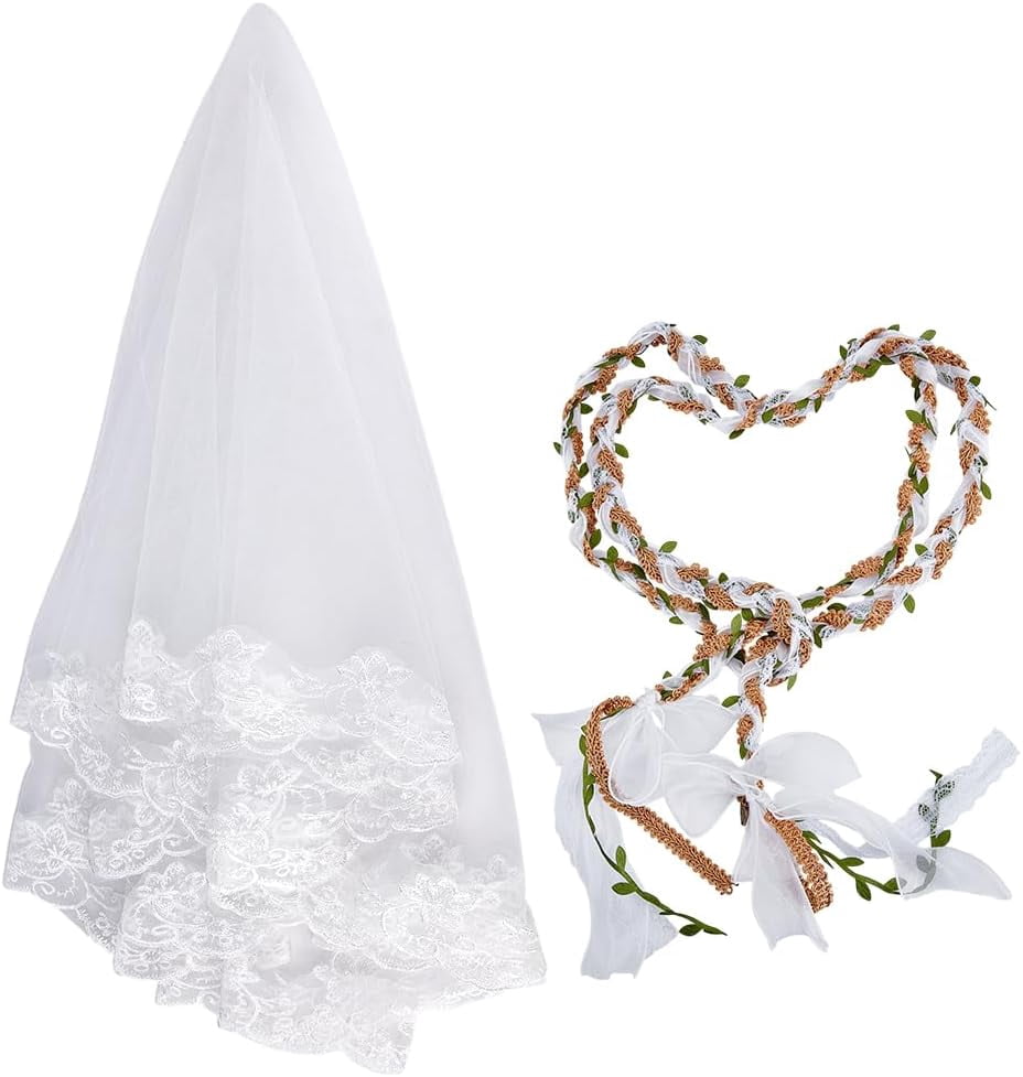 2 Pcs Wedding Lasso Rope with Bridal Veils Wedding Cord with Green Leaf ...