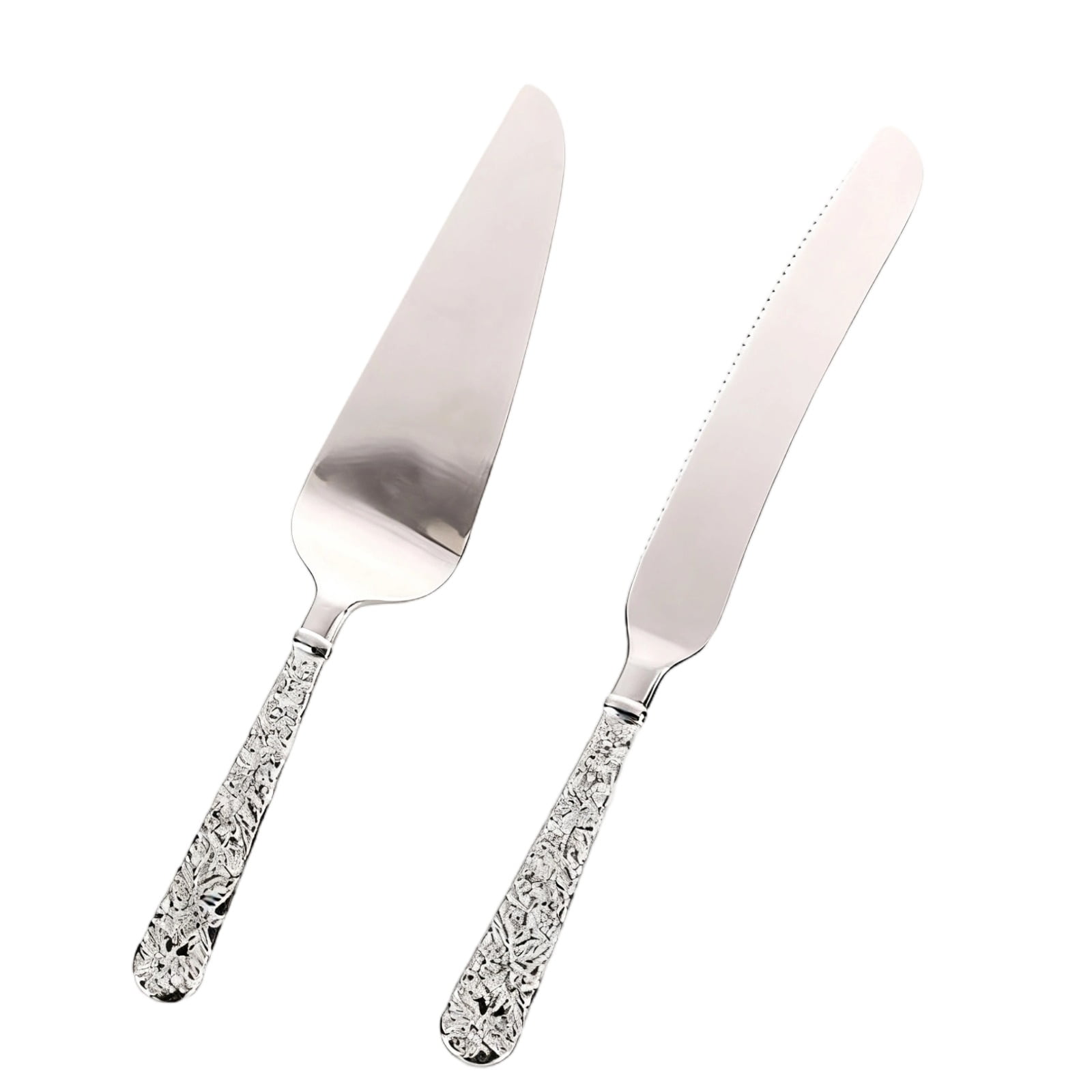 2 Pcs Wedding Silver Cake Knife And Server Set, Engraved Floral Handle ...